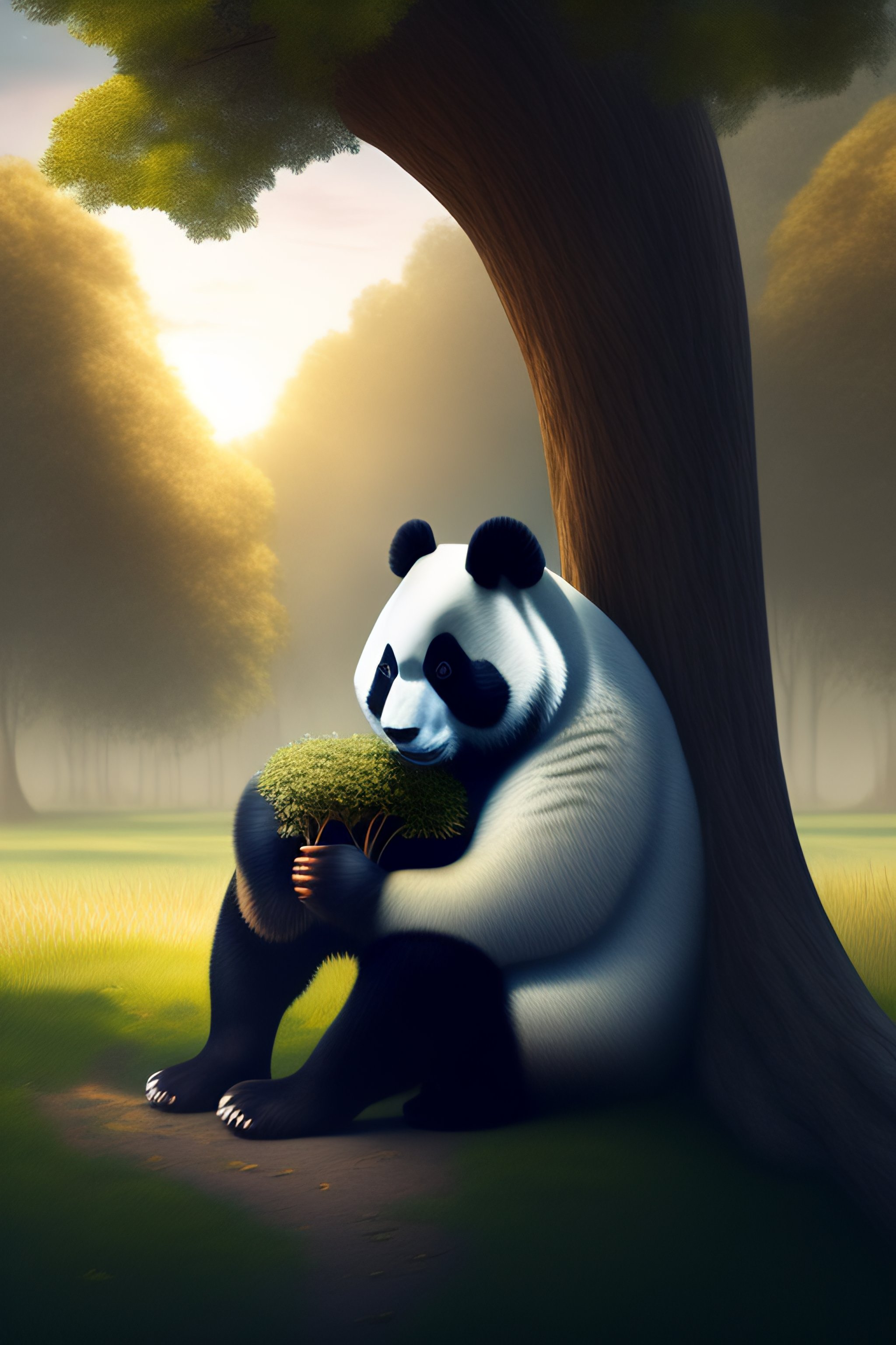 Lexica - Illustration image of a beard man sits under a tree, a panda ...
