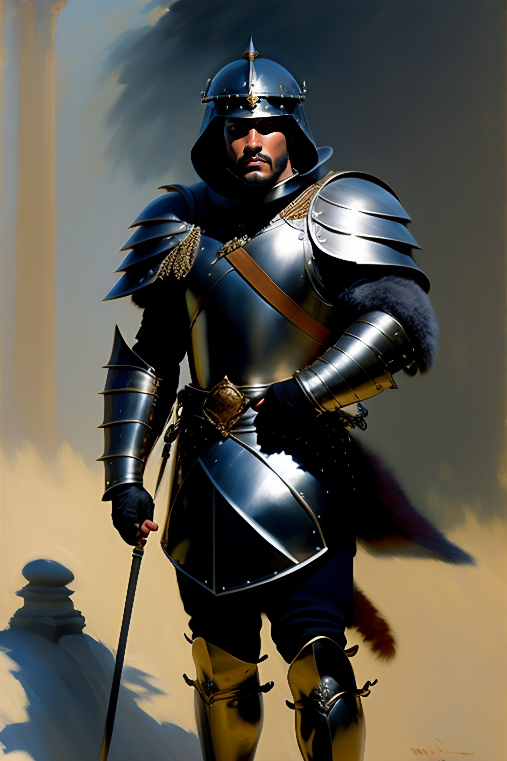 Lexica - Action shot of a man in dark grey banded mail armor, fur armor ...