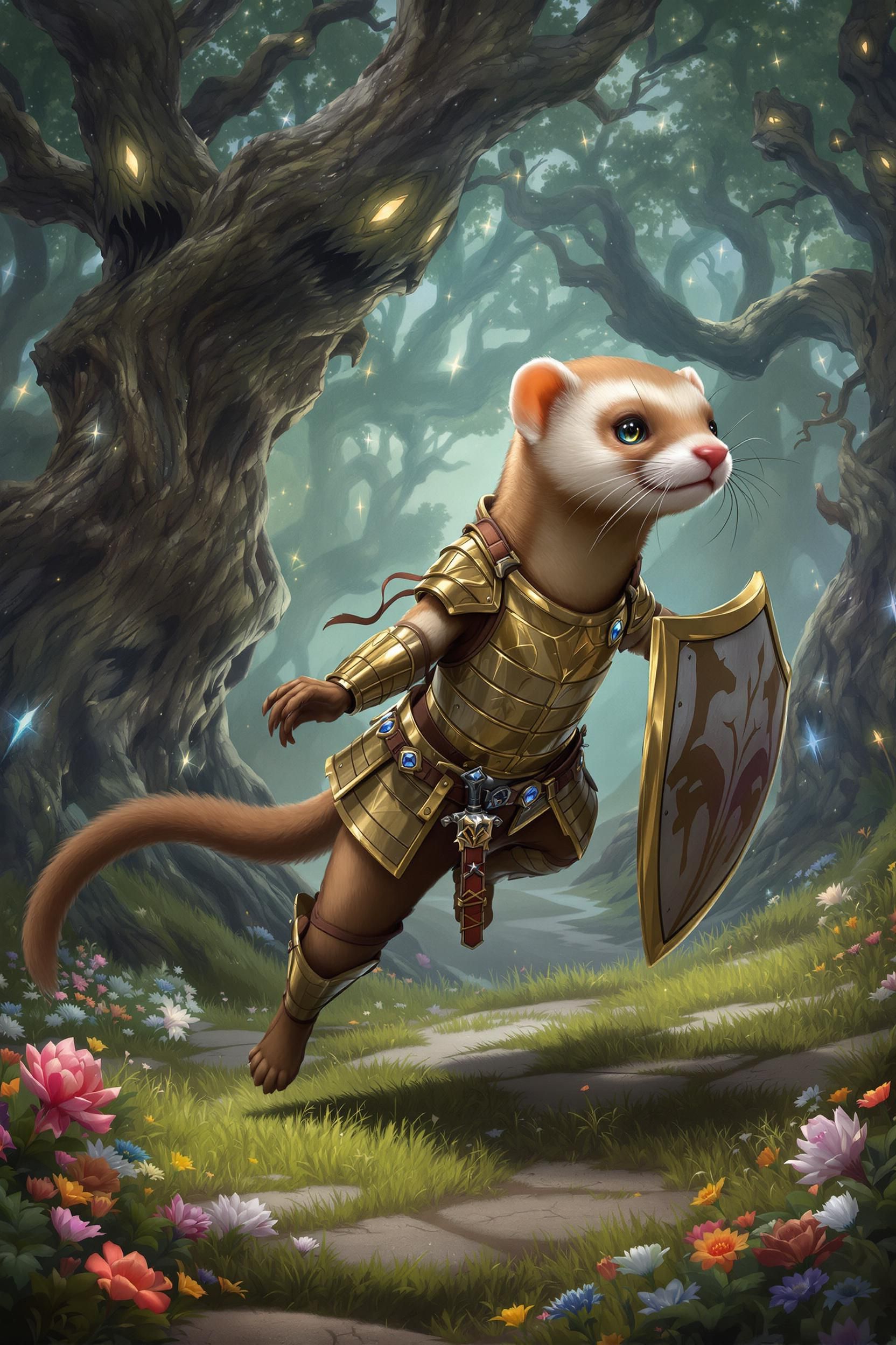 Lexica - A ferret in knight's armor, in a fantasy forest. Keep the ...