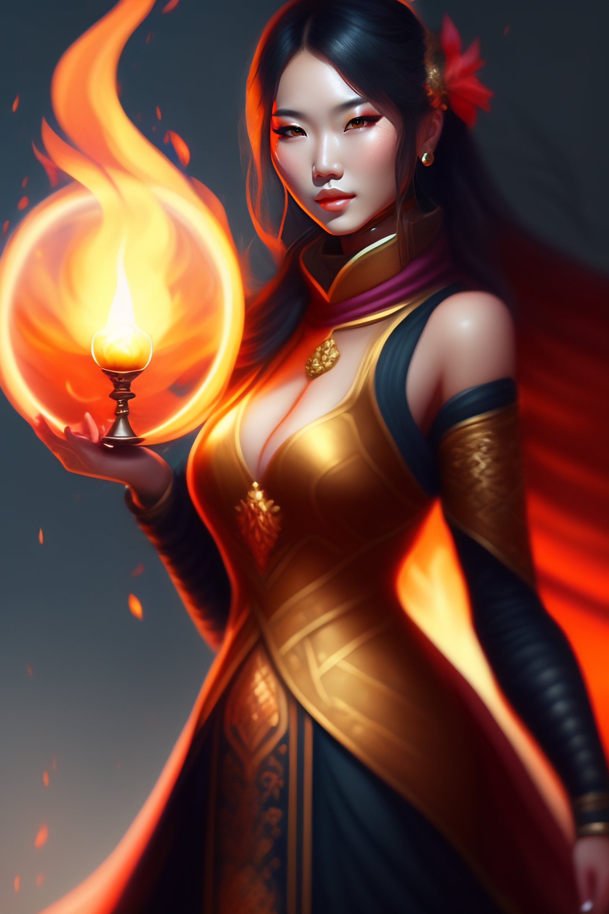 Lexica - A woman in dress holding a fire ball, a digital painting by Lü Ji, trending on ...