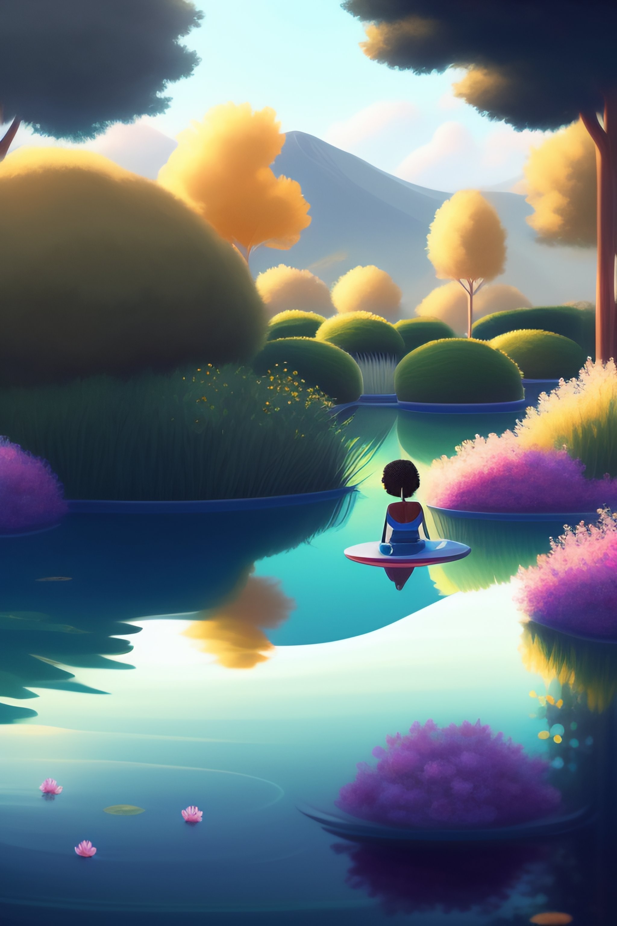 Lexica - View of gorgeous pond with happy black girl sitting by the ...