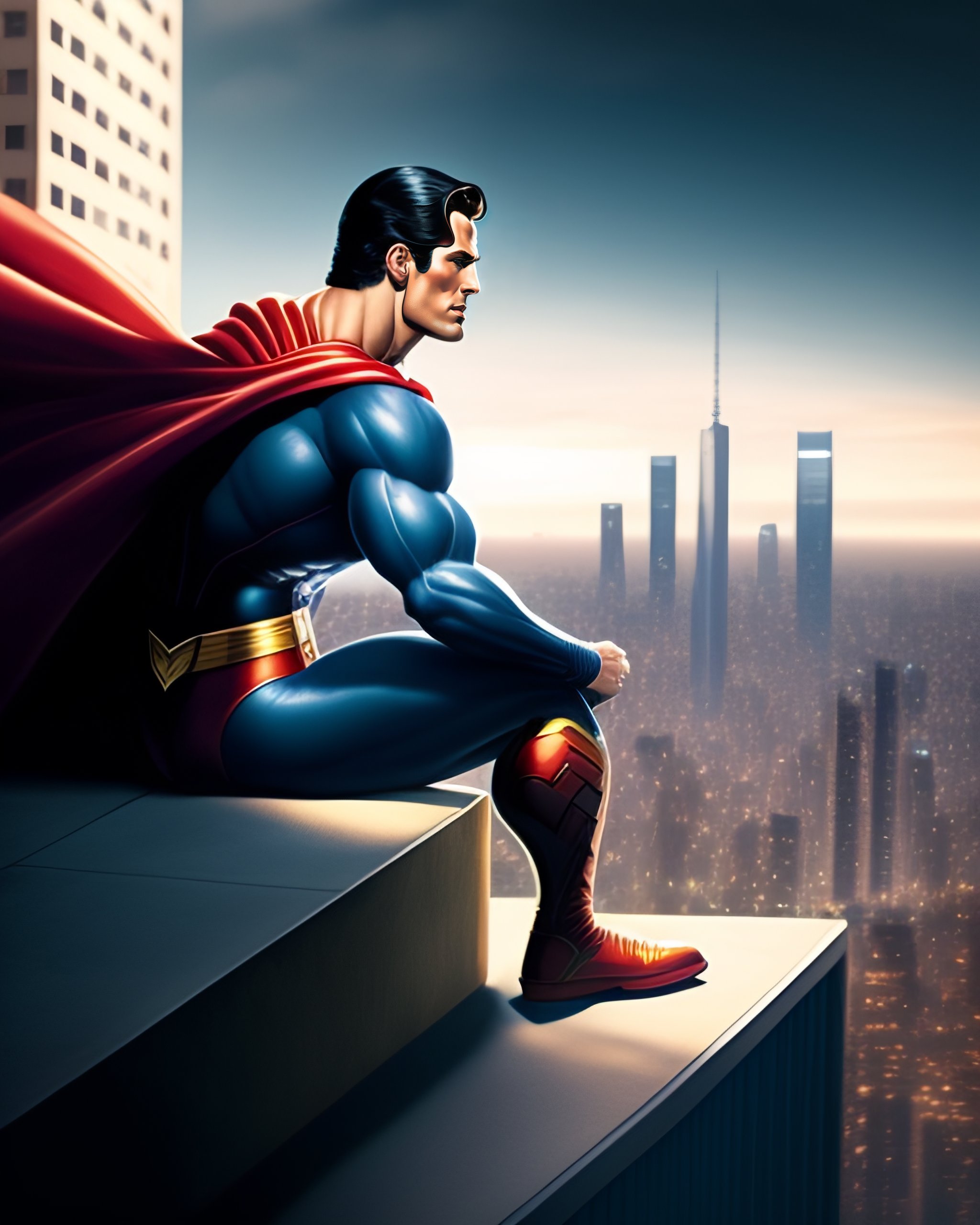 Lexica - Superman sitting on a roof looking down at a city below ...