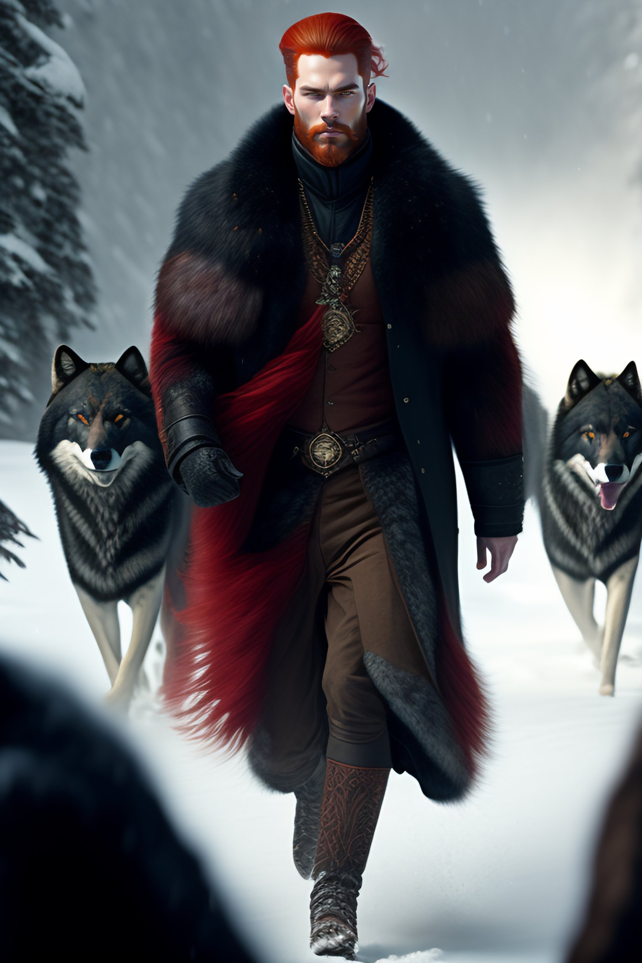 Lexica - Red haired man dressed in furs running with a pack of black ...