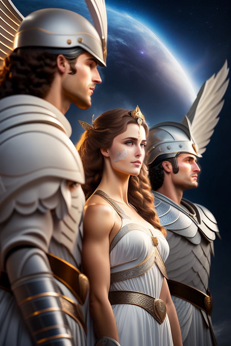 Lexica - Three people. A beautiful Greek goddess Athena with wavy brown ...