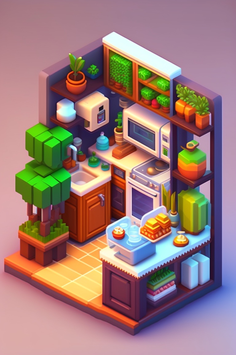 Lexica - Isometric tiny kitchen. Pixel art, detailed.