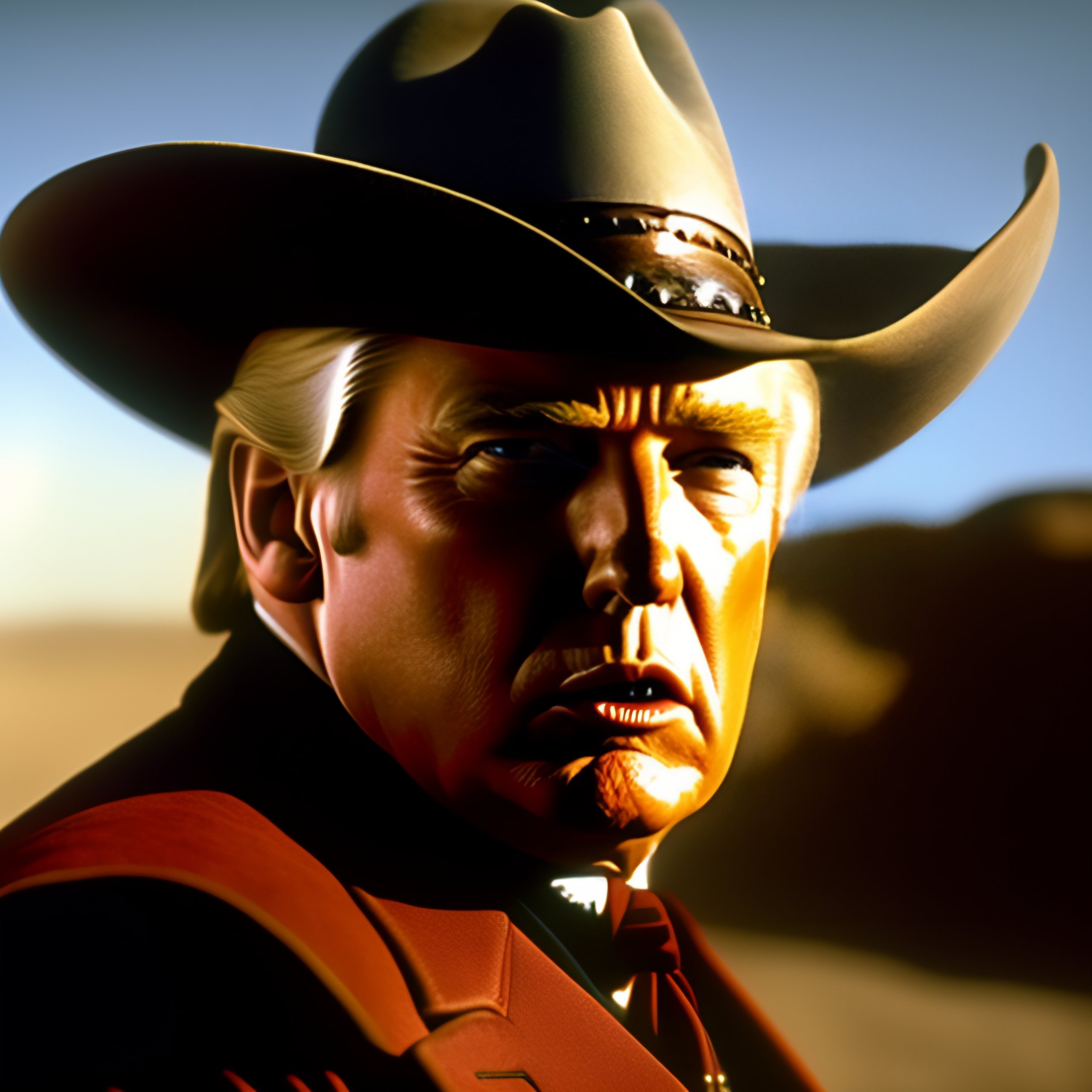 Lexica - Film still of Donald Trump as a cowboy in a wild west film