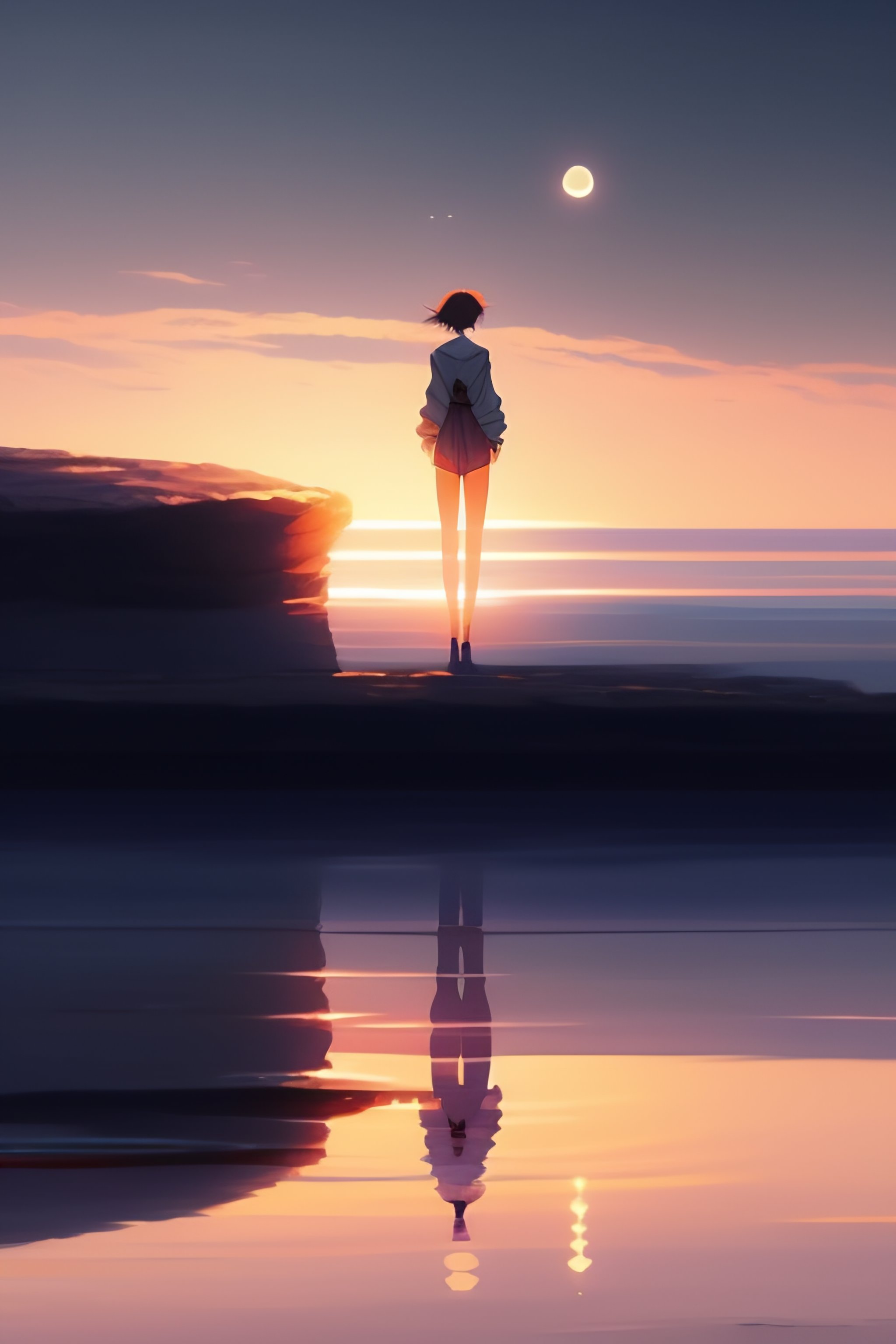Lexica - Anime yogi walking on water, ripples, backdrop of dawn, moon ...
