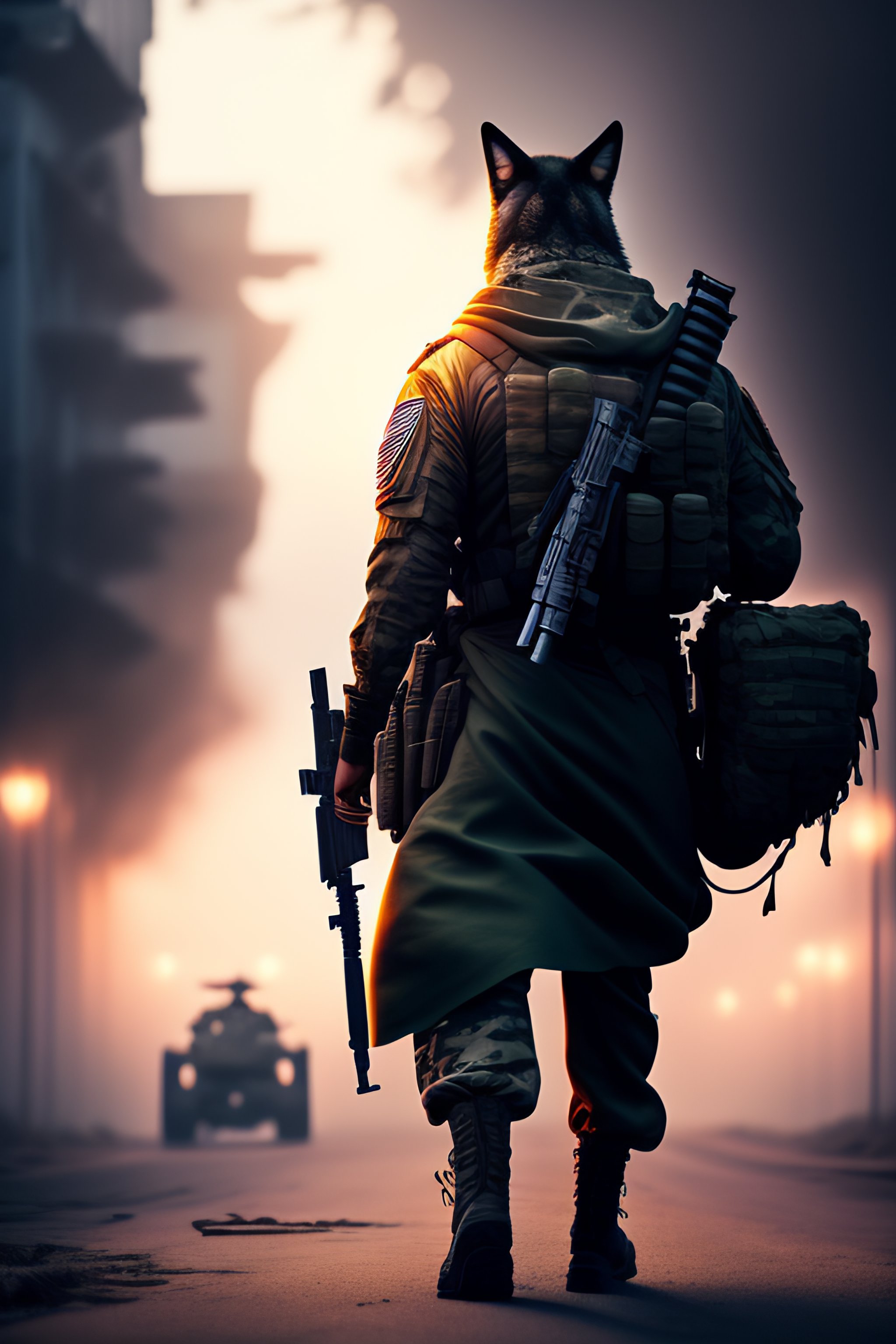 Lexica - A military alpha wolf with a machine gun walking with somali ...