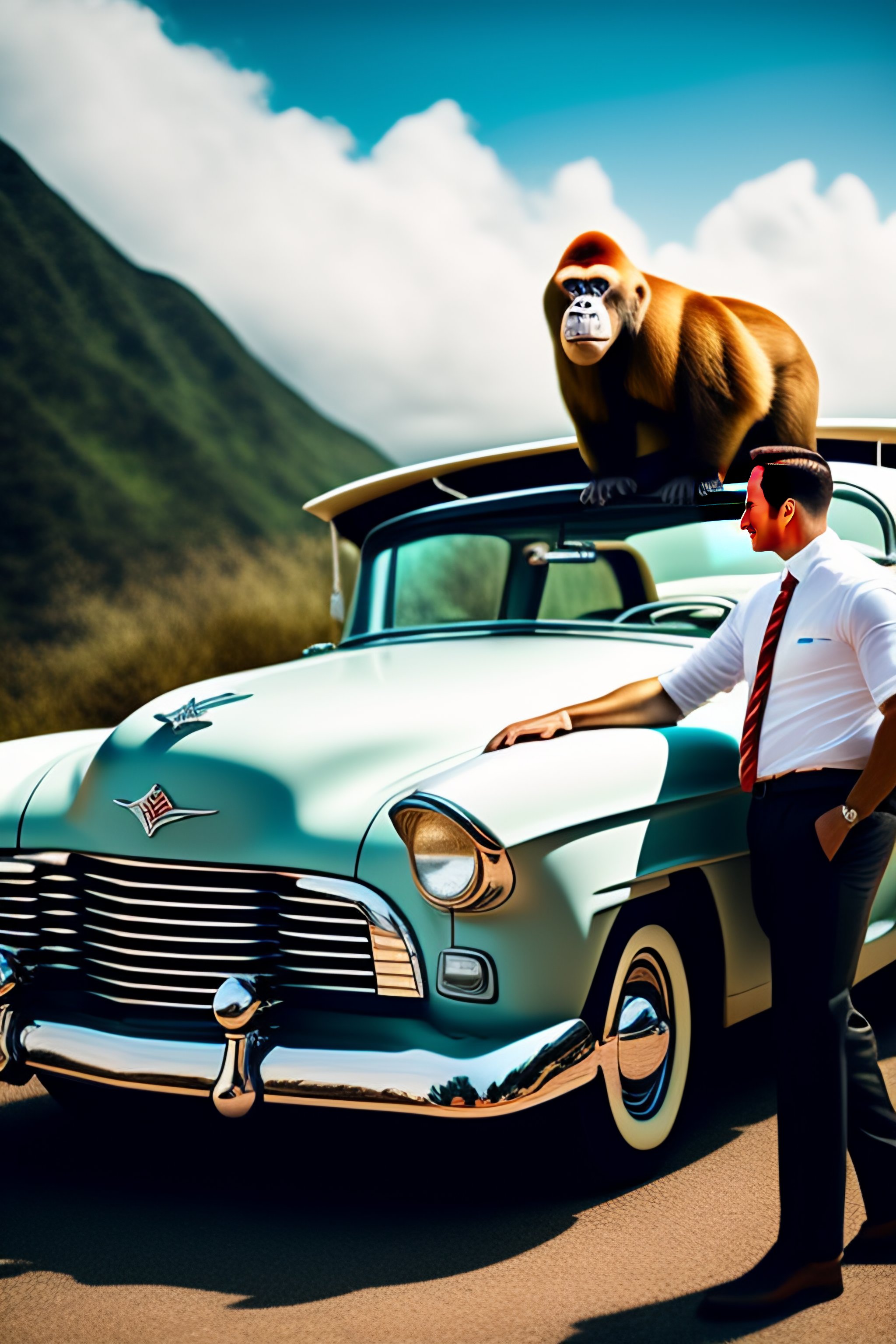 Lexica - 50s marriage with white gorilla in flying car on vacation