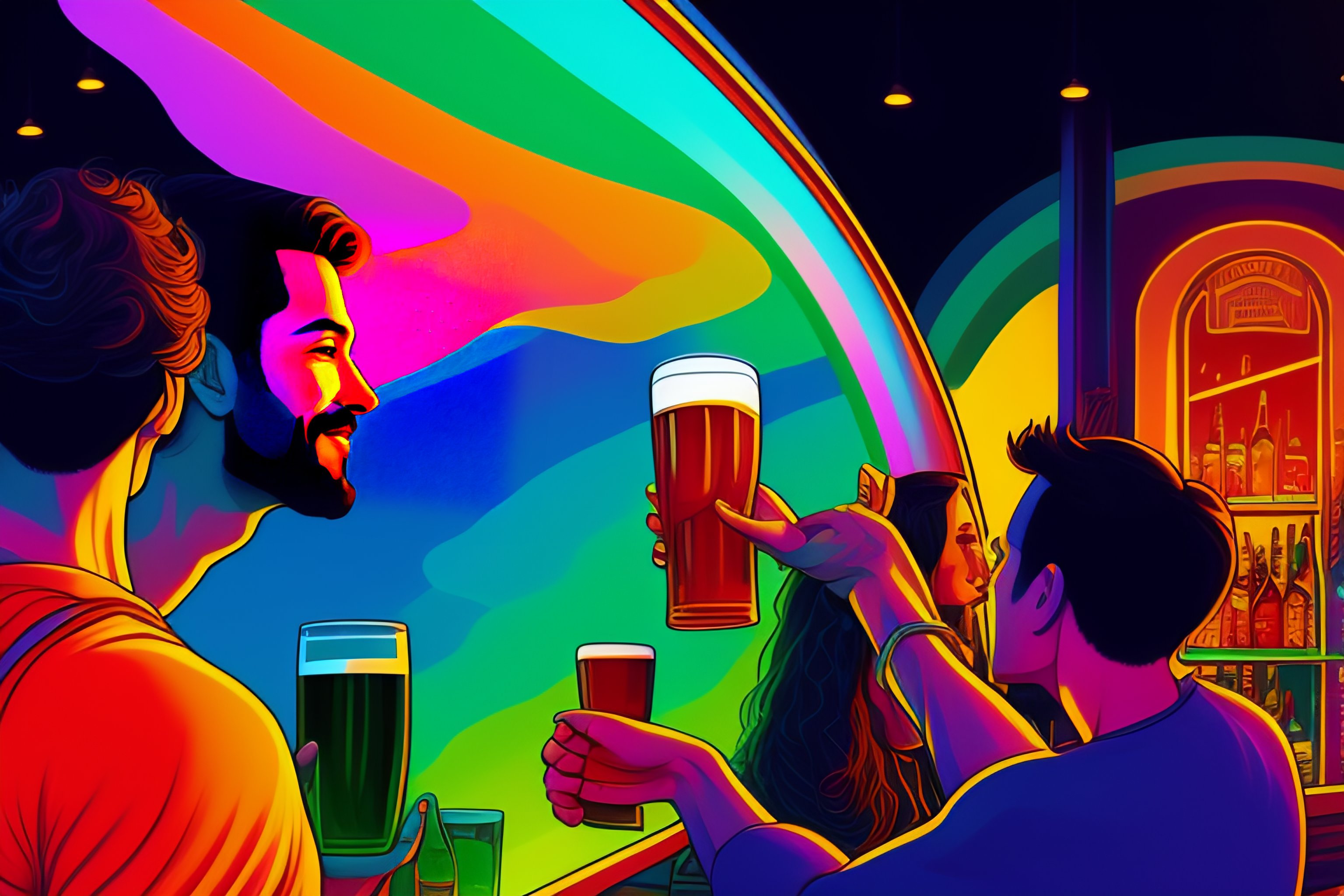 Lexica - Friends cheer with beer in a bar, rainbow colors, gay ...