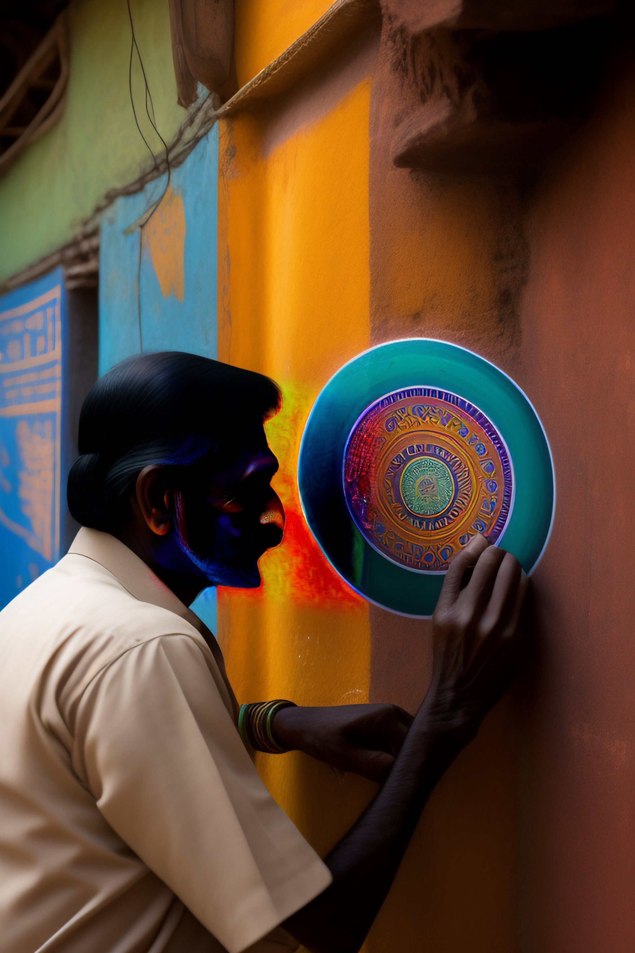 Lexica - Indian man sticking stickers on the wall