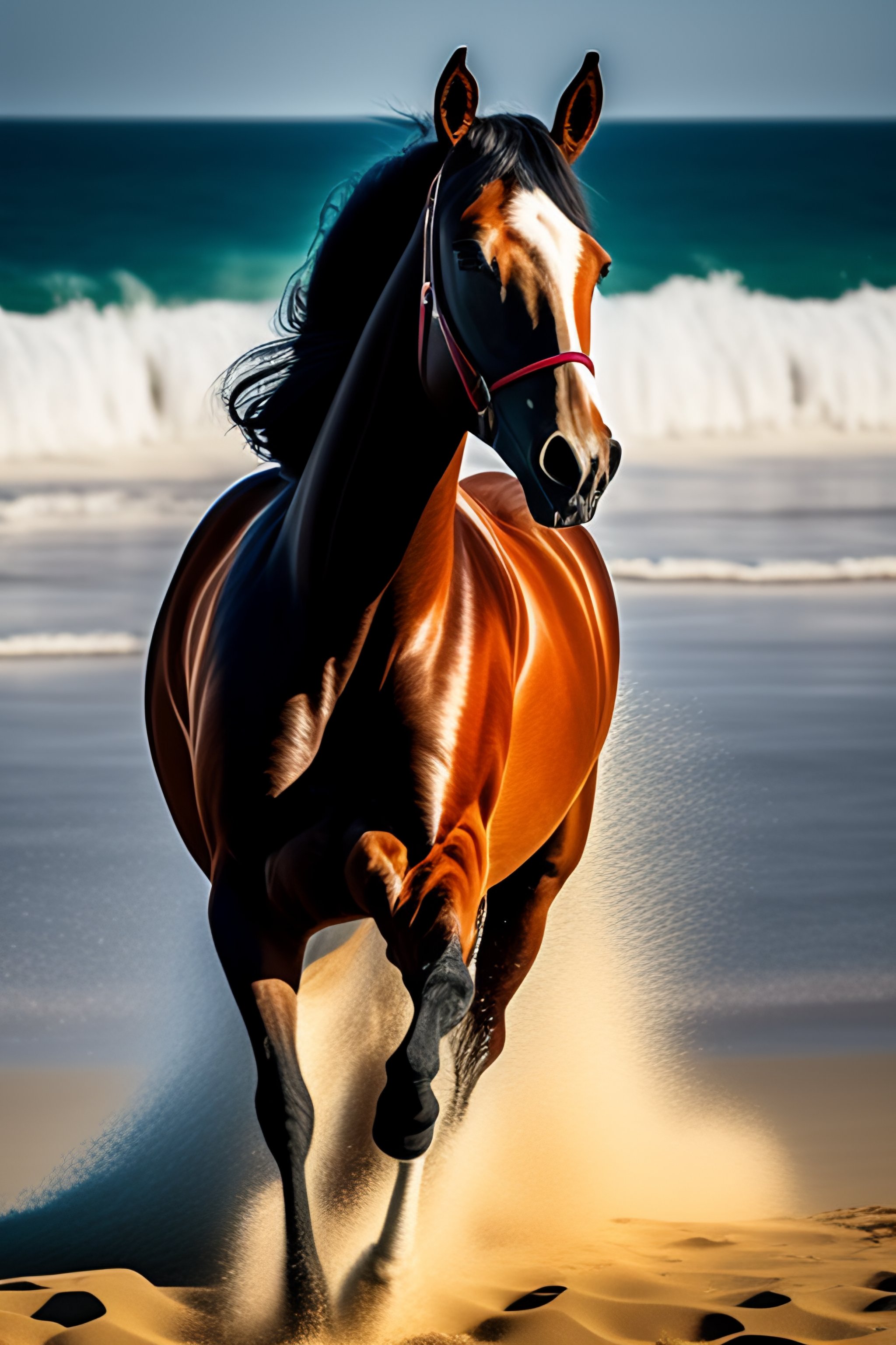 Lexica - A horse running in front of a sea, on the beach, white sand