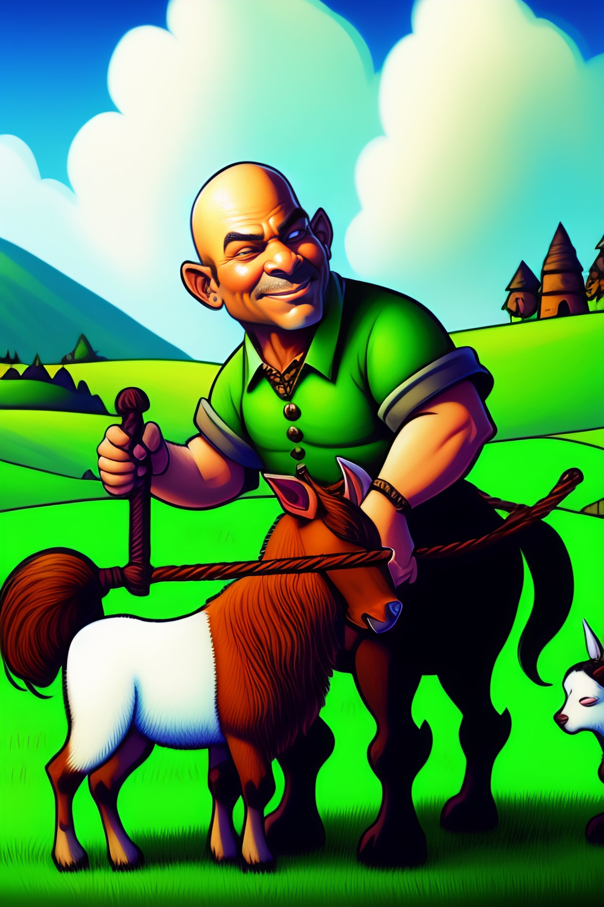 Lexica - A bald happy orc holding a whip while herding goats, green ...