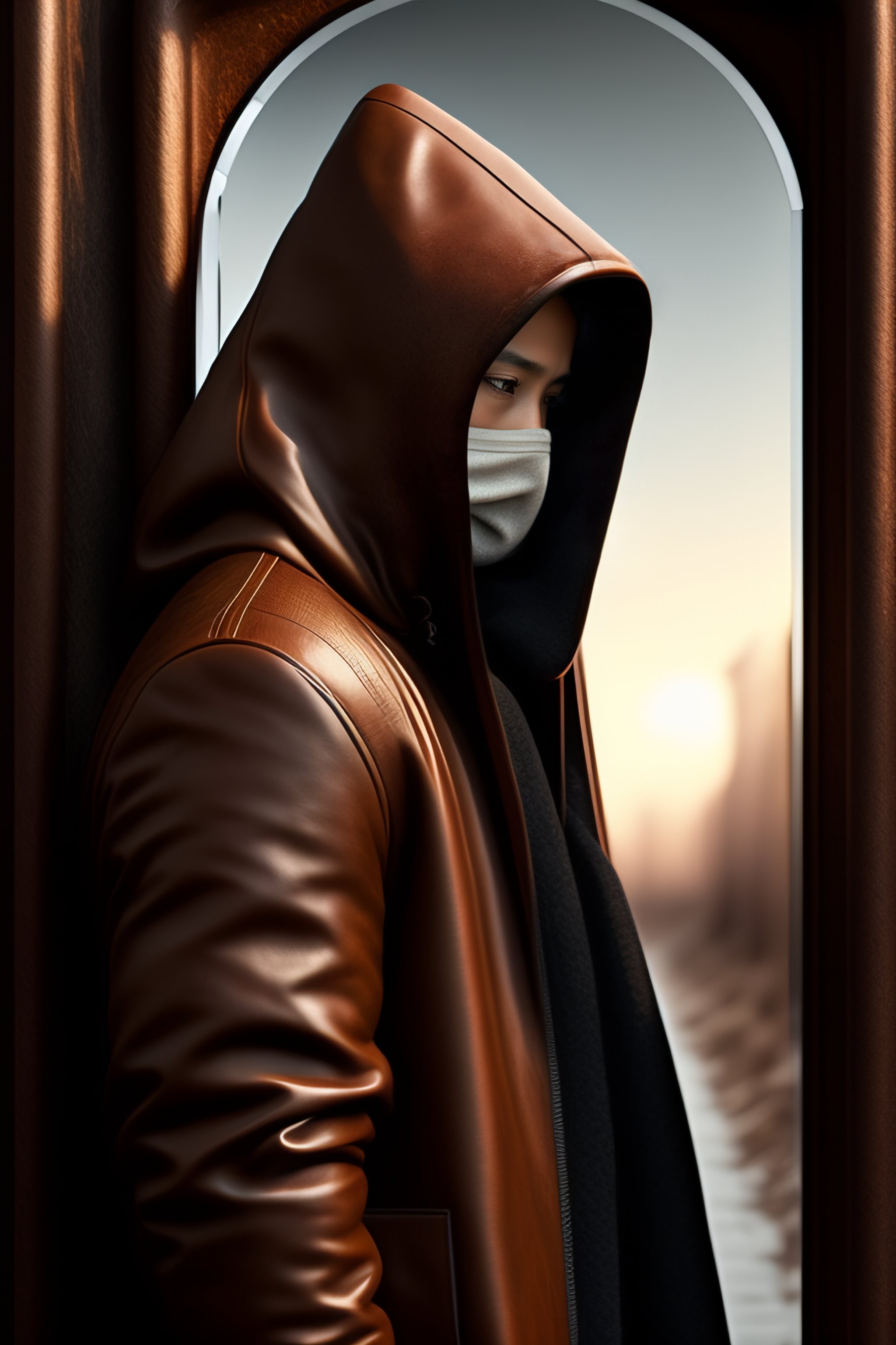 Lexica - An humanoid with a dirty brown leather hooded jacket, amask ...