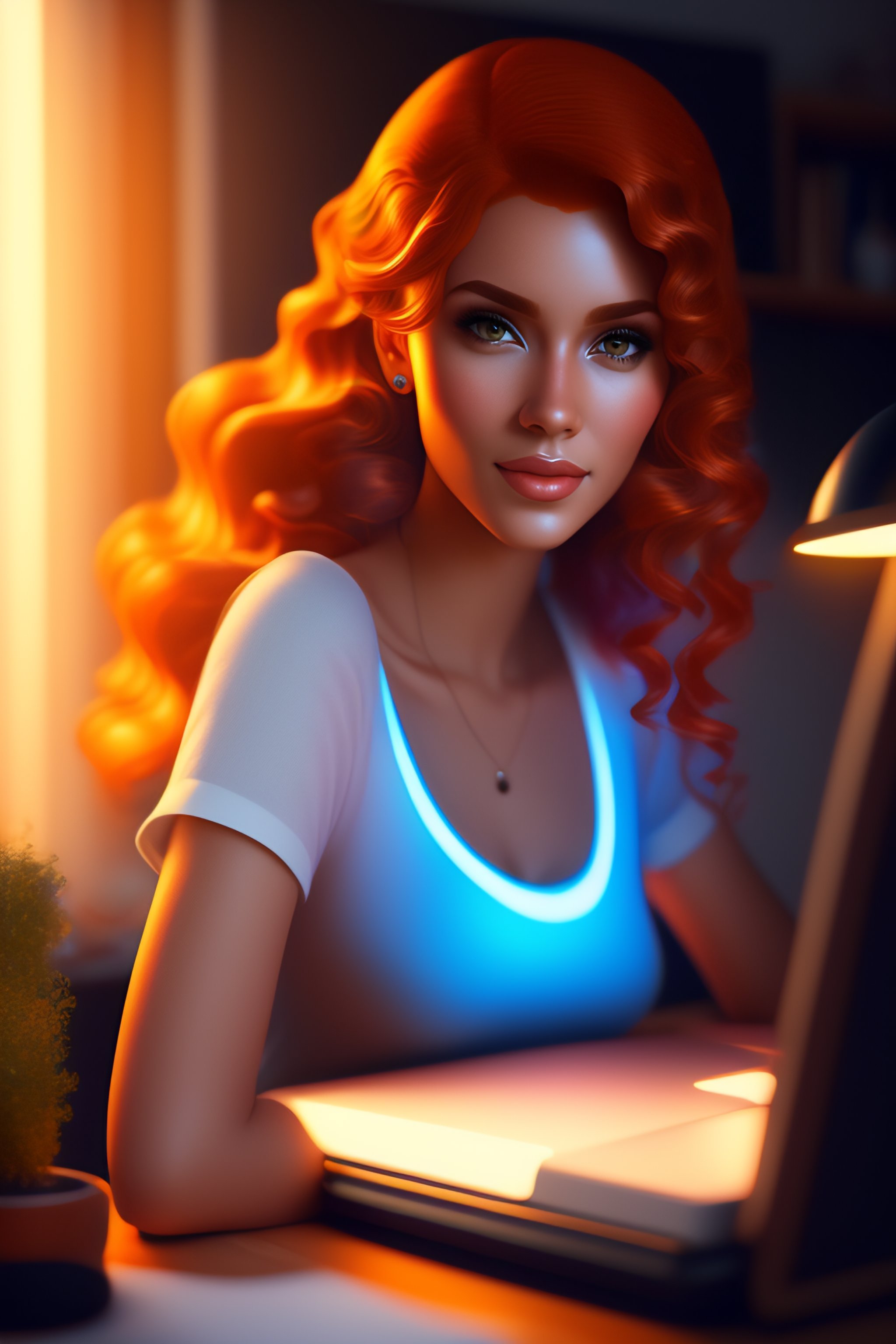 Lexica - Photo of cute young redhead brown skinned woman gaming at her ...