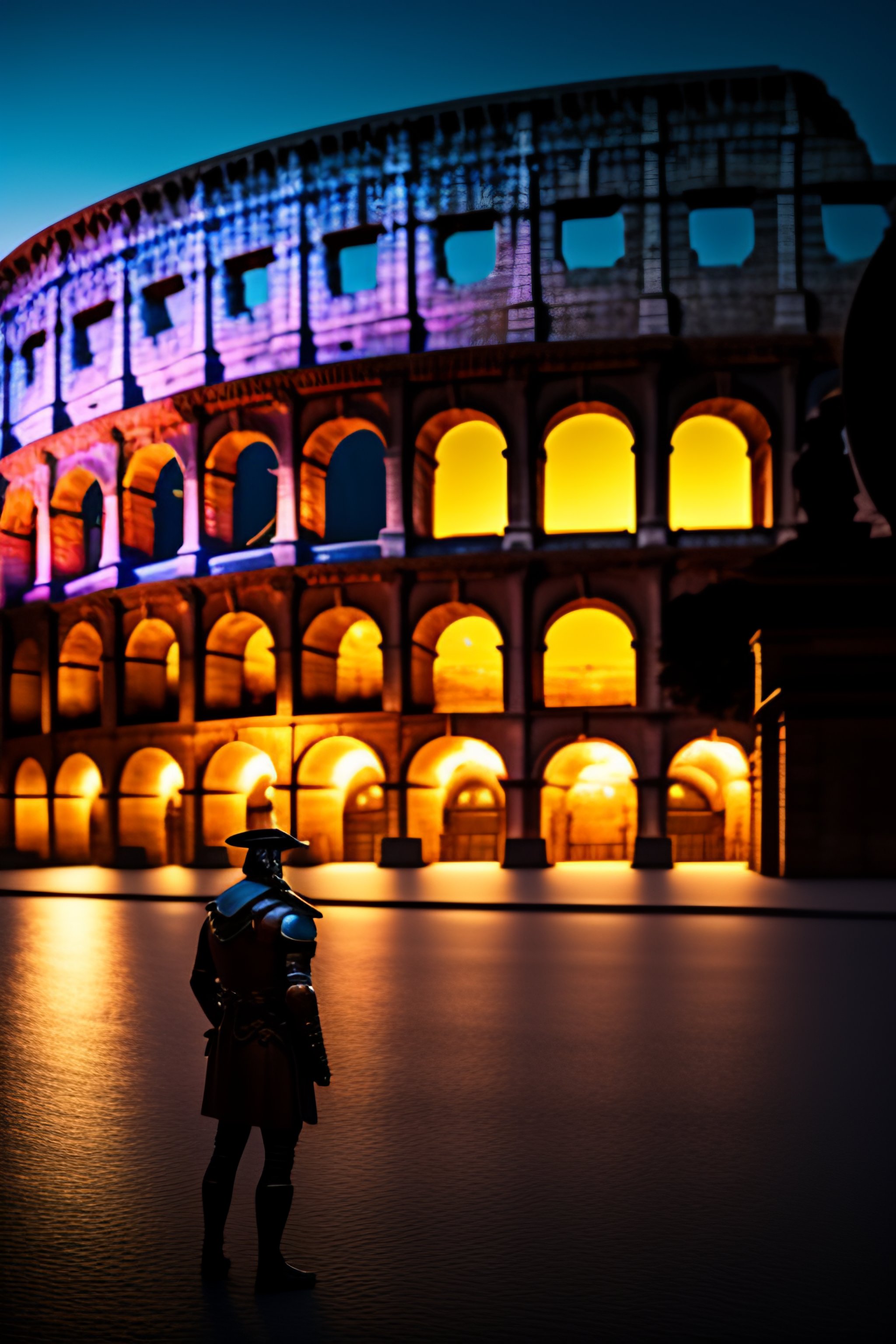 Lexica - Marcus Aurelius in front of coliseum 8k, beautiful, at night