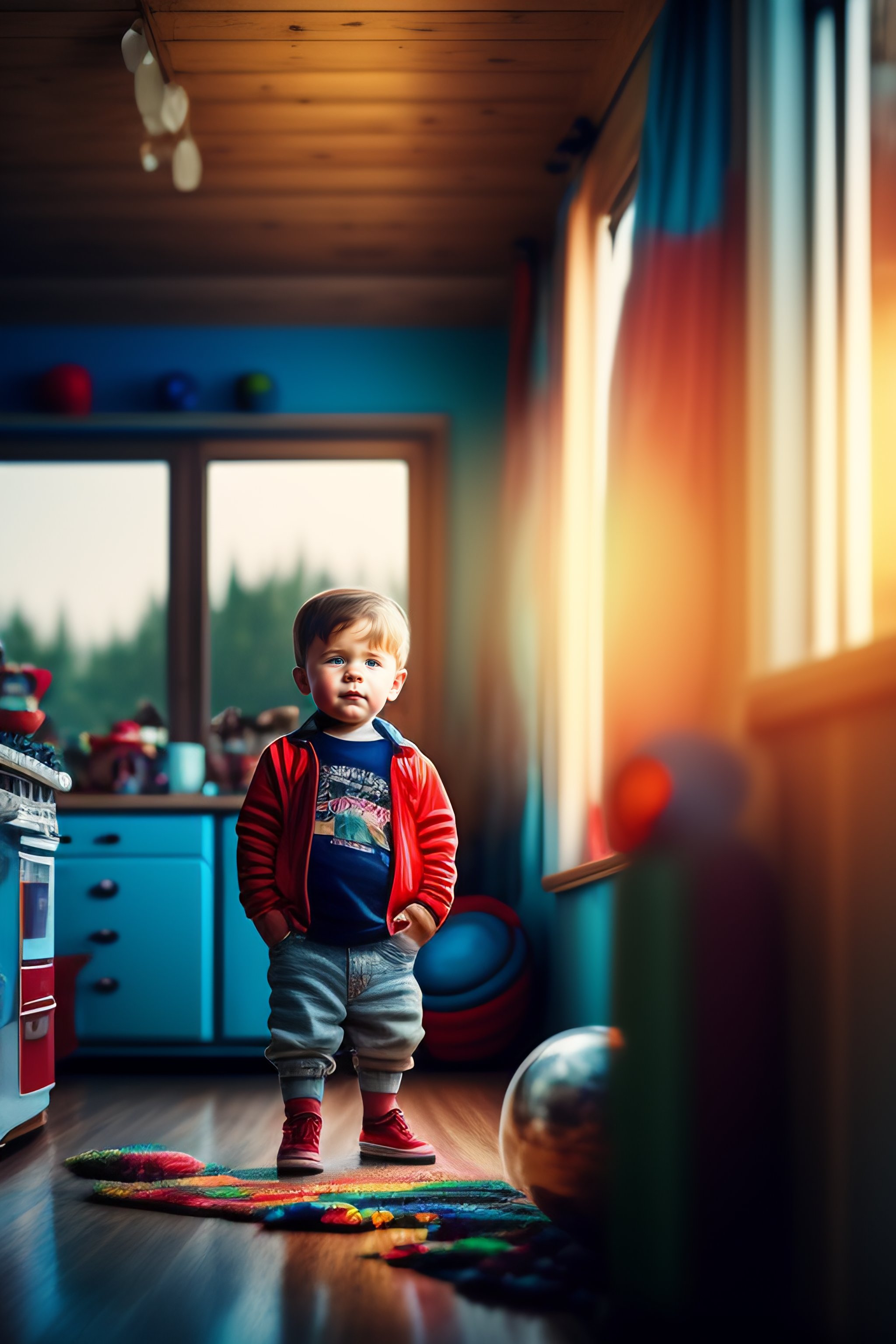 Lexica - Wide angle little boy in messy cluttered house, chaotic cabin ...