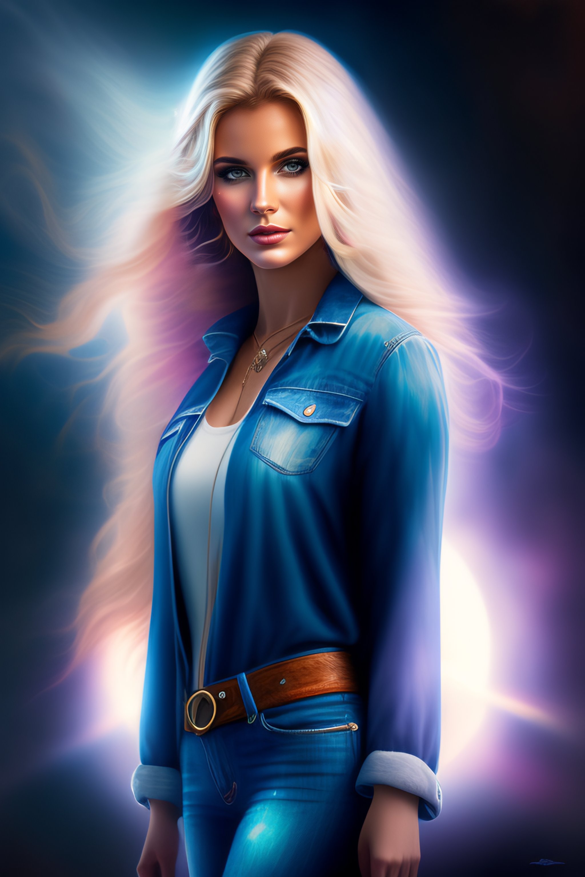 Lexica - Young fragile blonde woman psychic in jeans, medium, gloomy ...