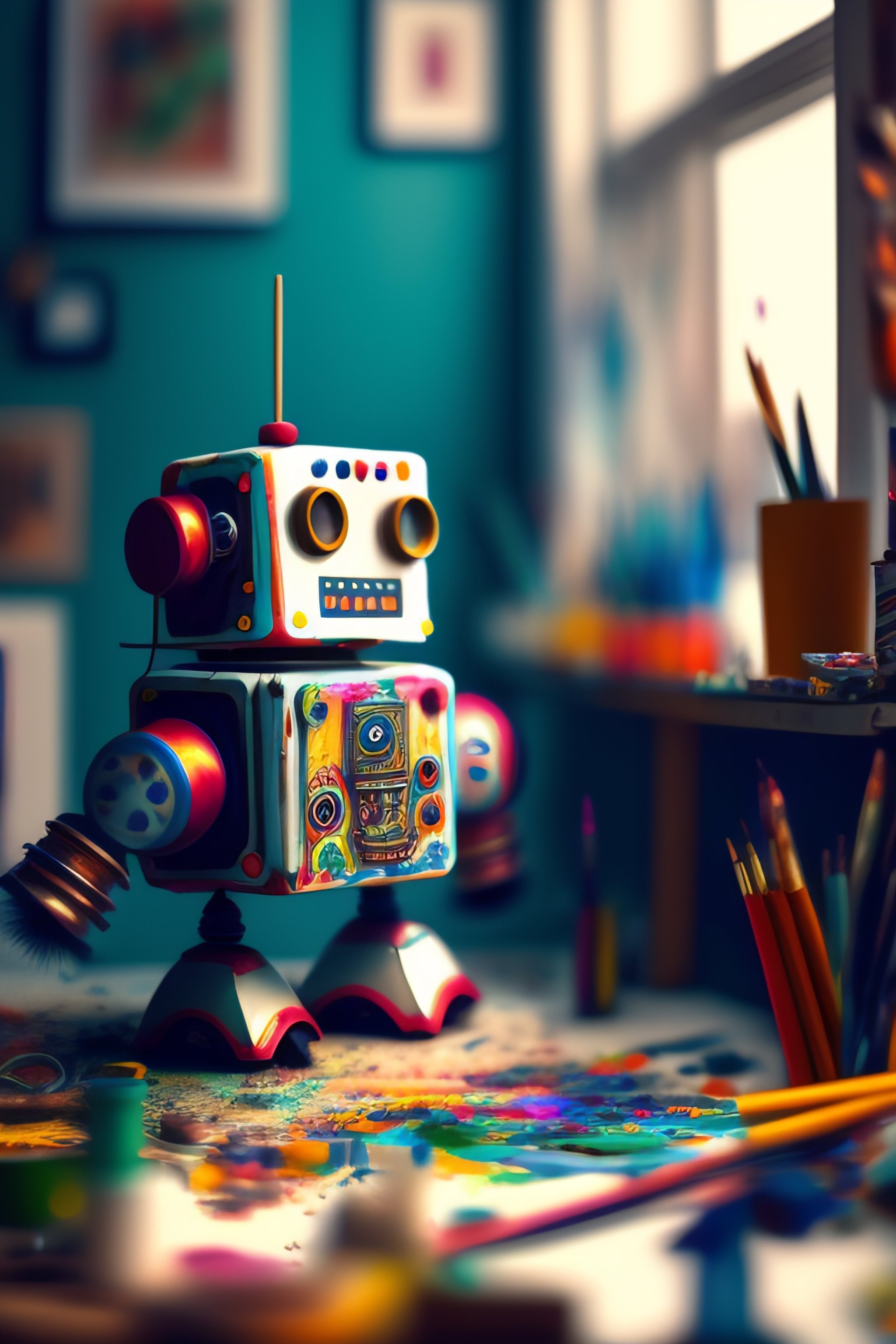 Lexica - A messy, chaotic artist's workshop, inside is a cute robot ...