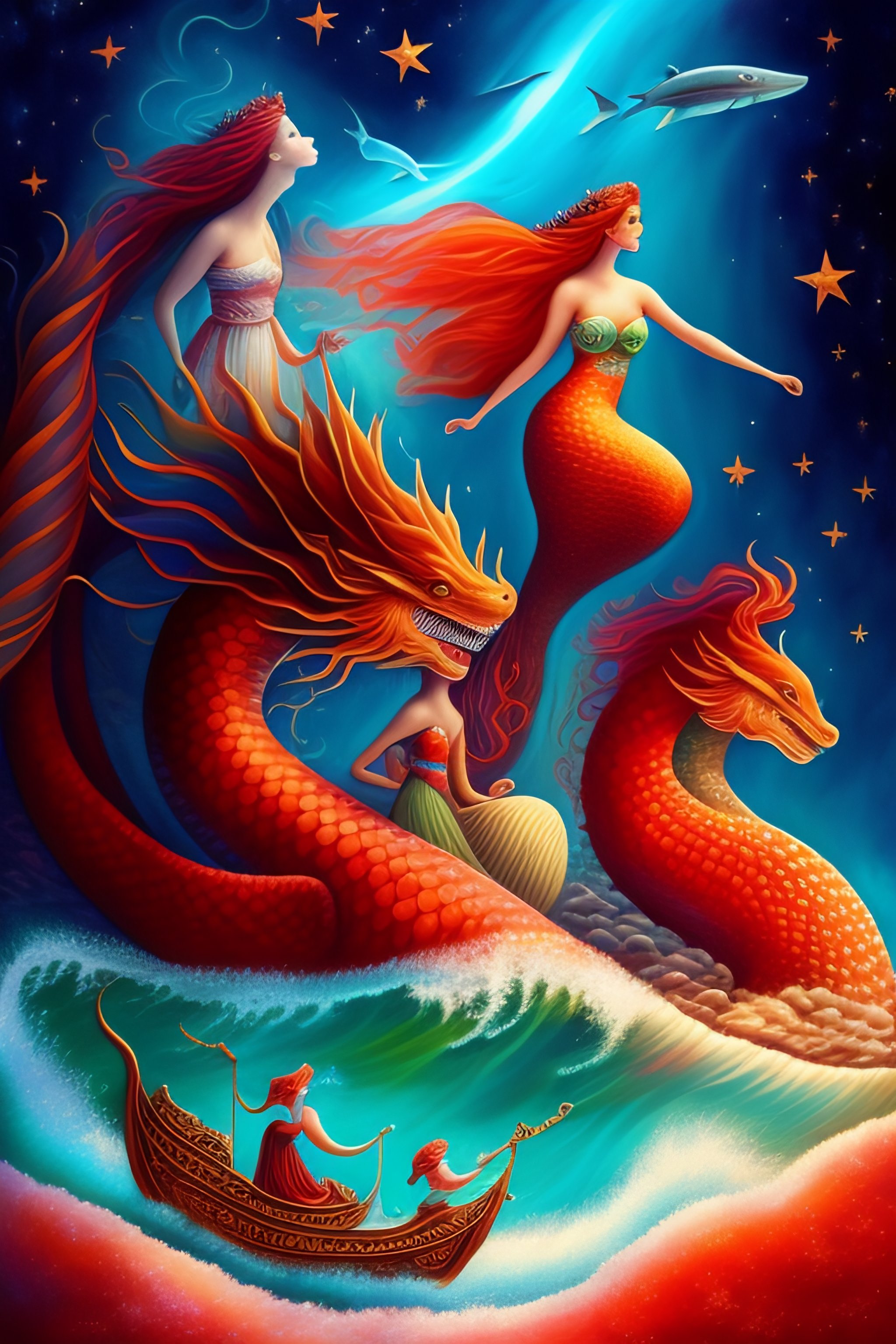 Lexica - Four mermaids, five people, a sea, two ships, one with a ...