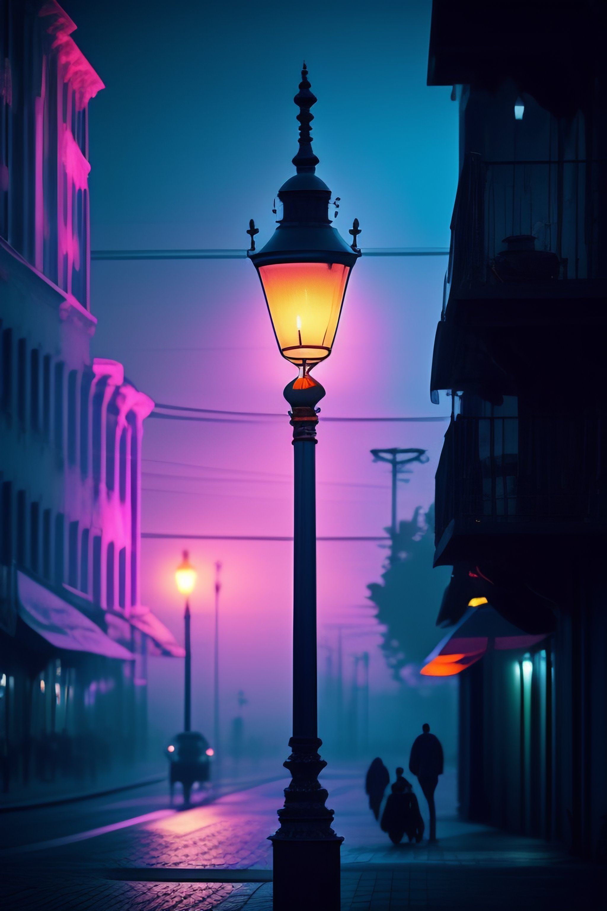 Lexica - Cyberpunk, town, lamp post, night,