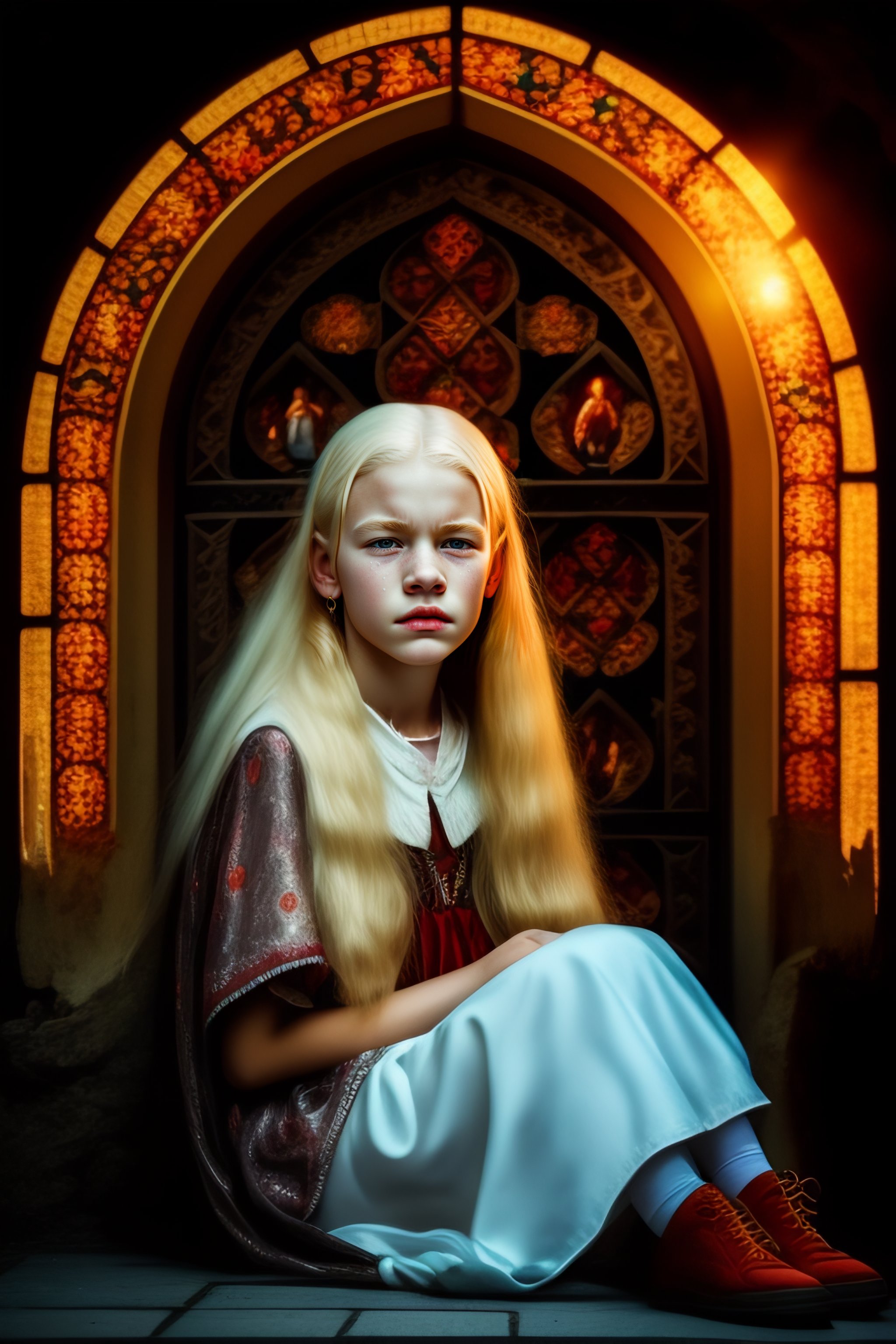 Lexica - 12 years old crying sad albino vampire female sitting on the ...
