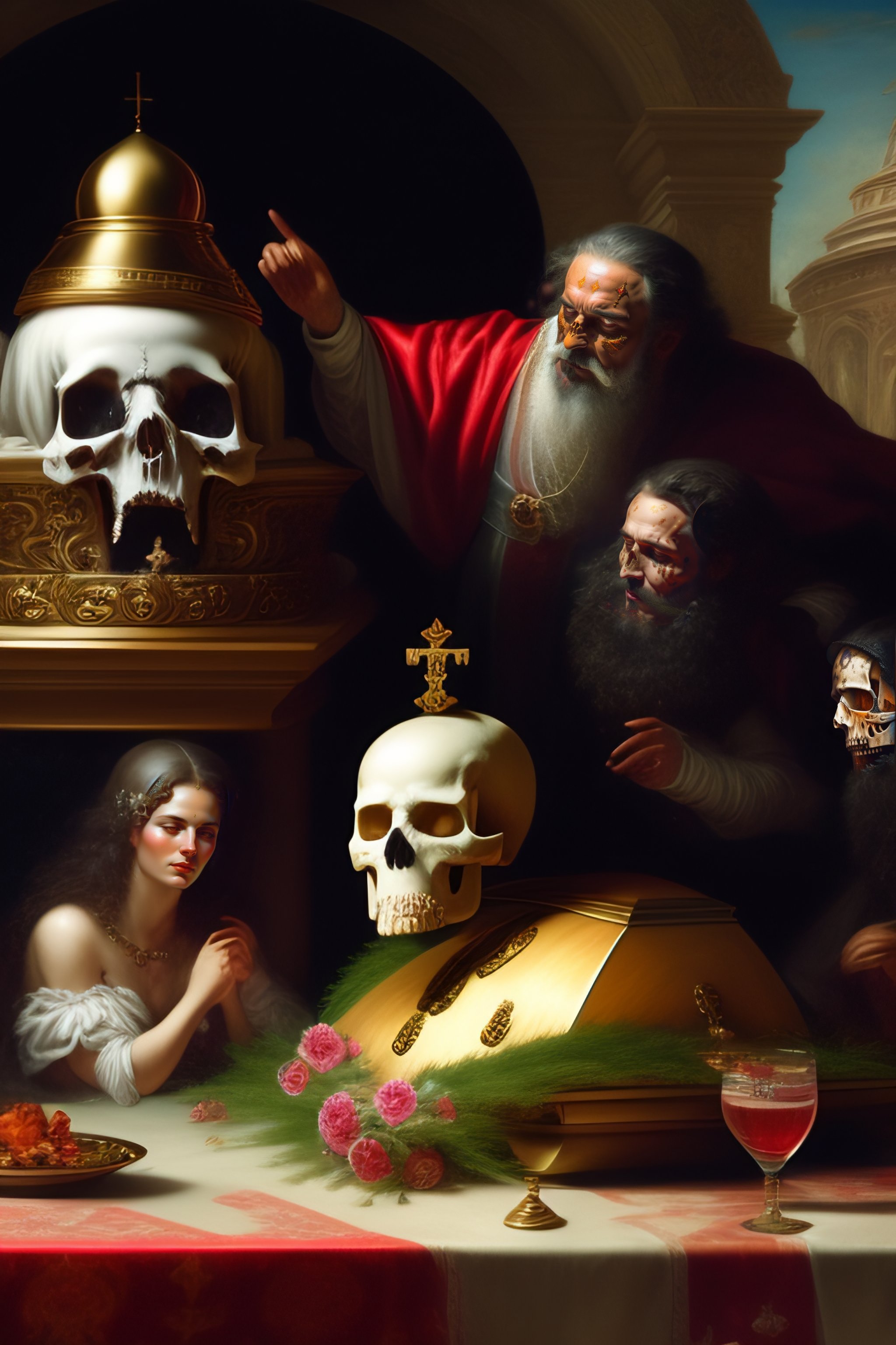 Lexica - A dead pope with a skull face rotting in a coffin, surrounded ...