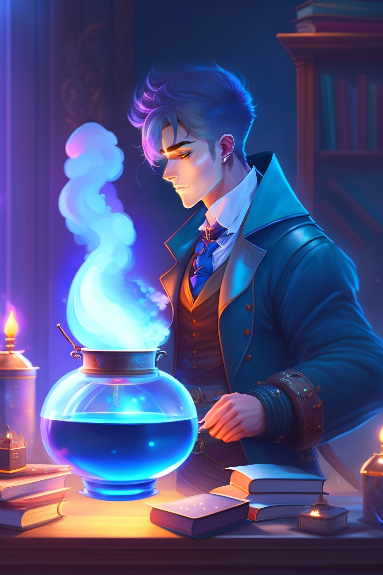 Lexica - A handsome guy brews a potion in a large cauldron, smoke ...