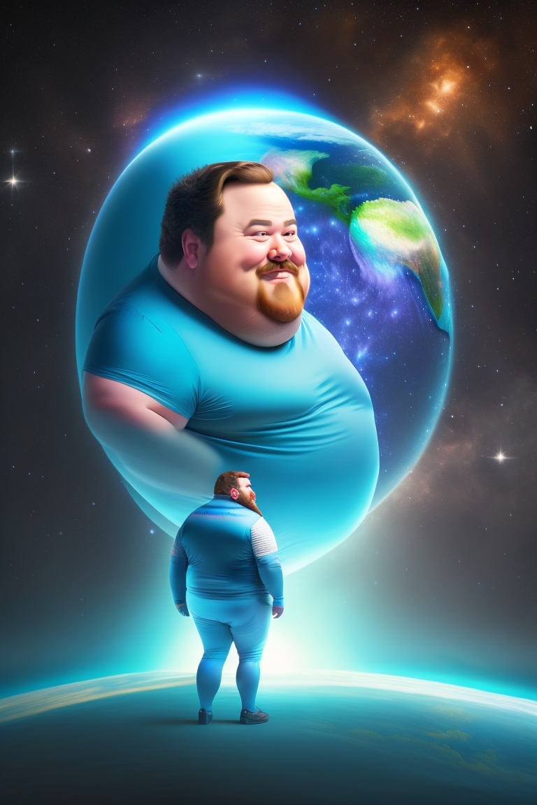 Lexica - Big fat funny looking man, in background universe with our planet