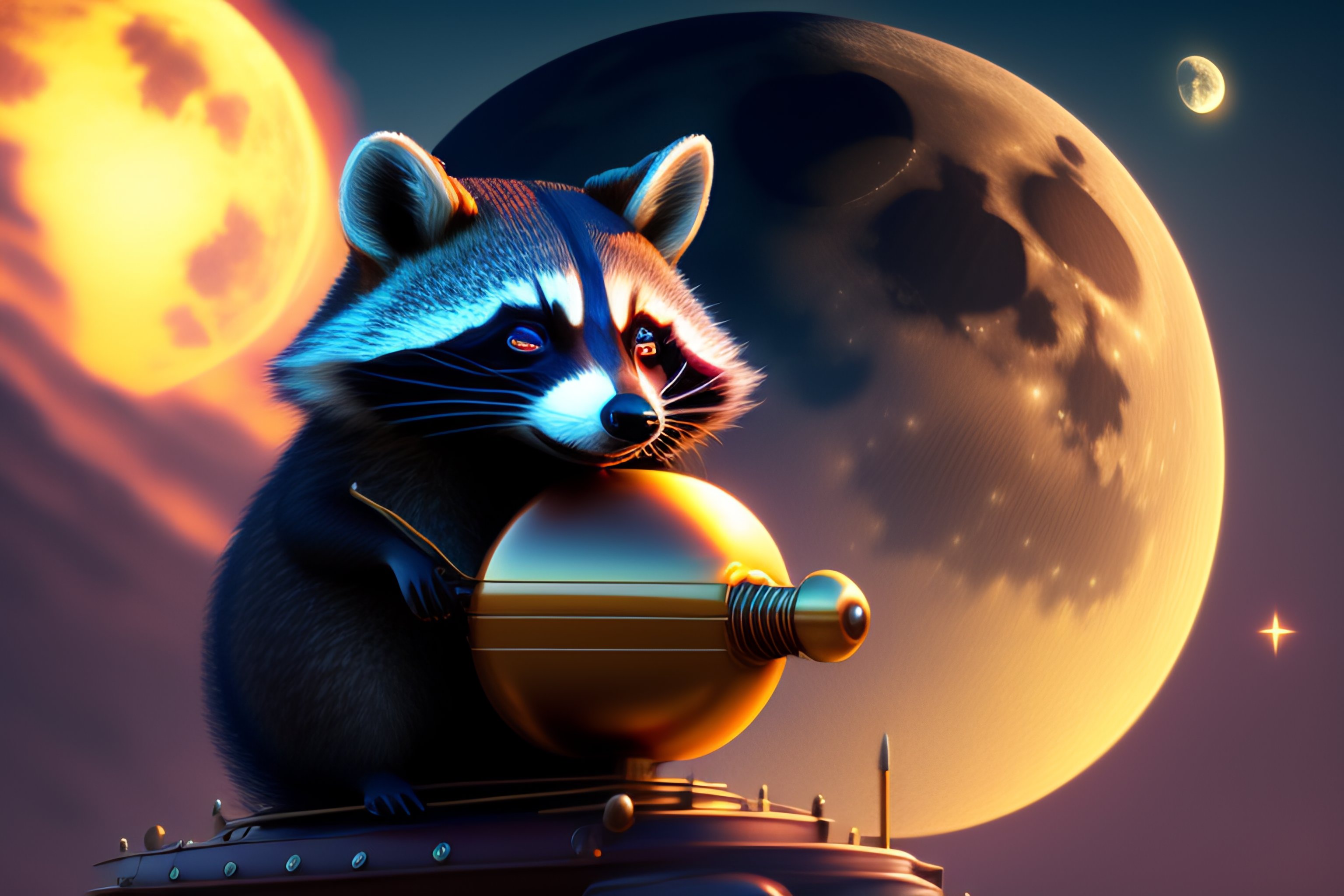 Lexica - Raccoon in a steampunk unform riding on a huge rocket with ...