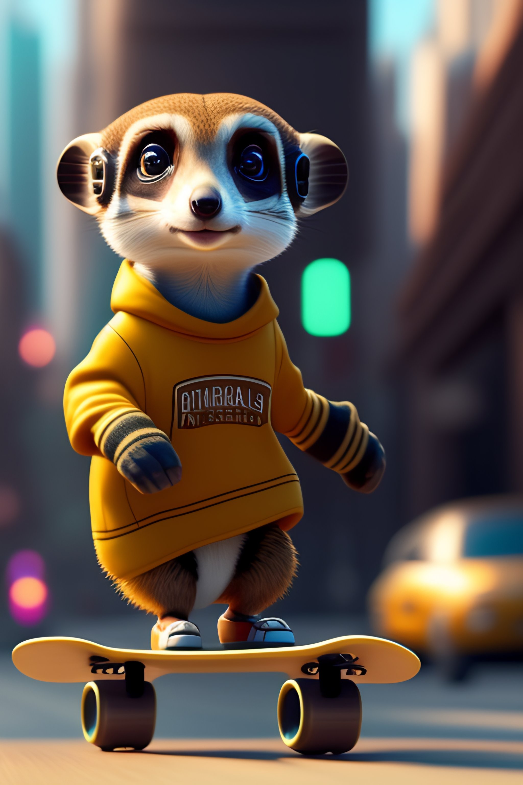 Lexica - Cute little humanoid meerkat, riding action with a skateboard ...