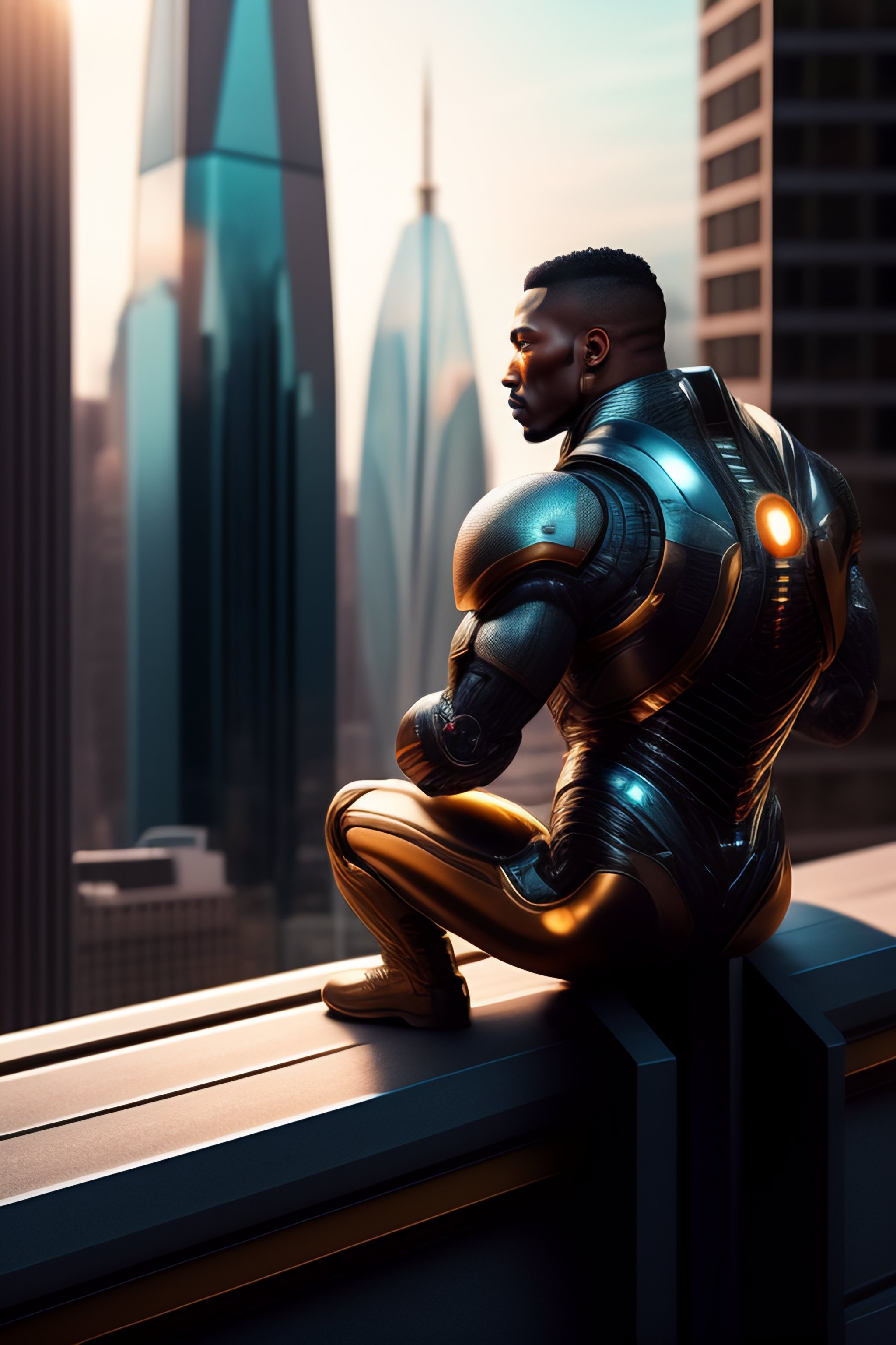 Lexica - Cyborg sitting on a roof looking down at a Time squer ...