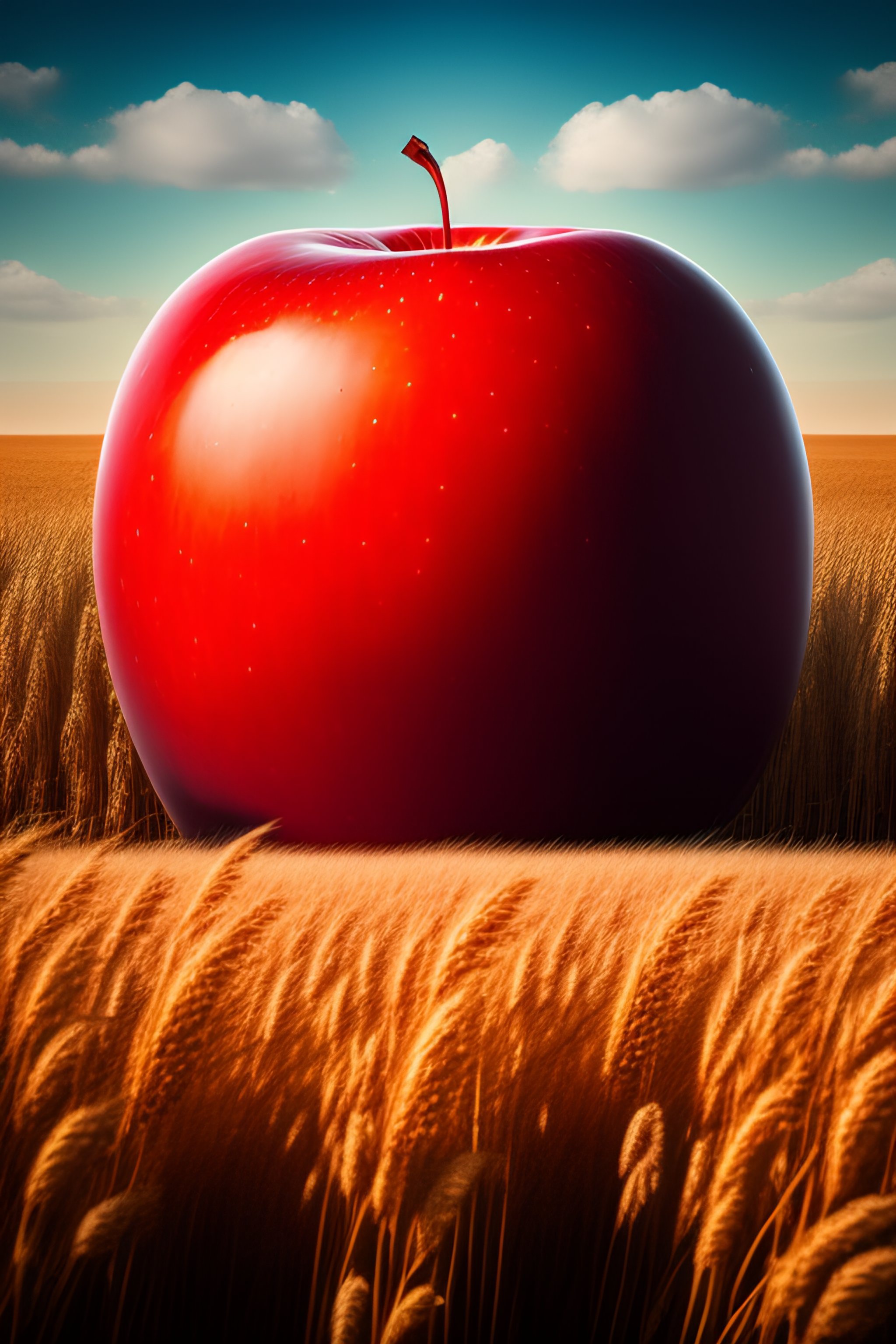 Lexica - Giant red apple on top of a barn in a field of wheat