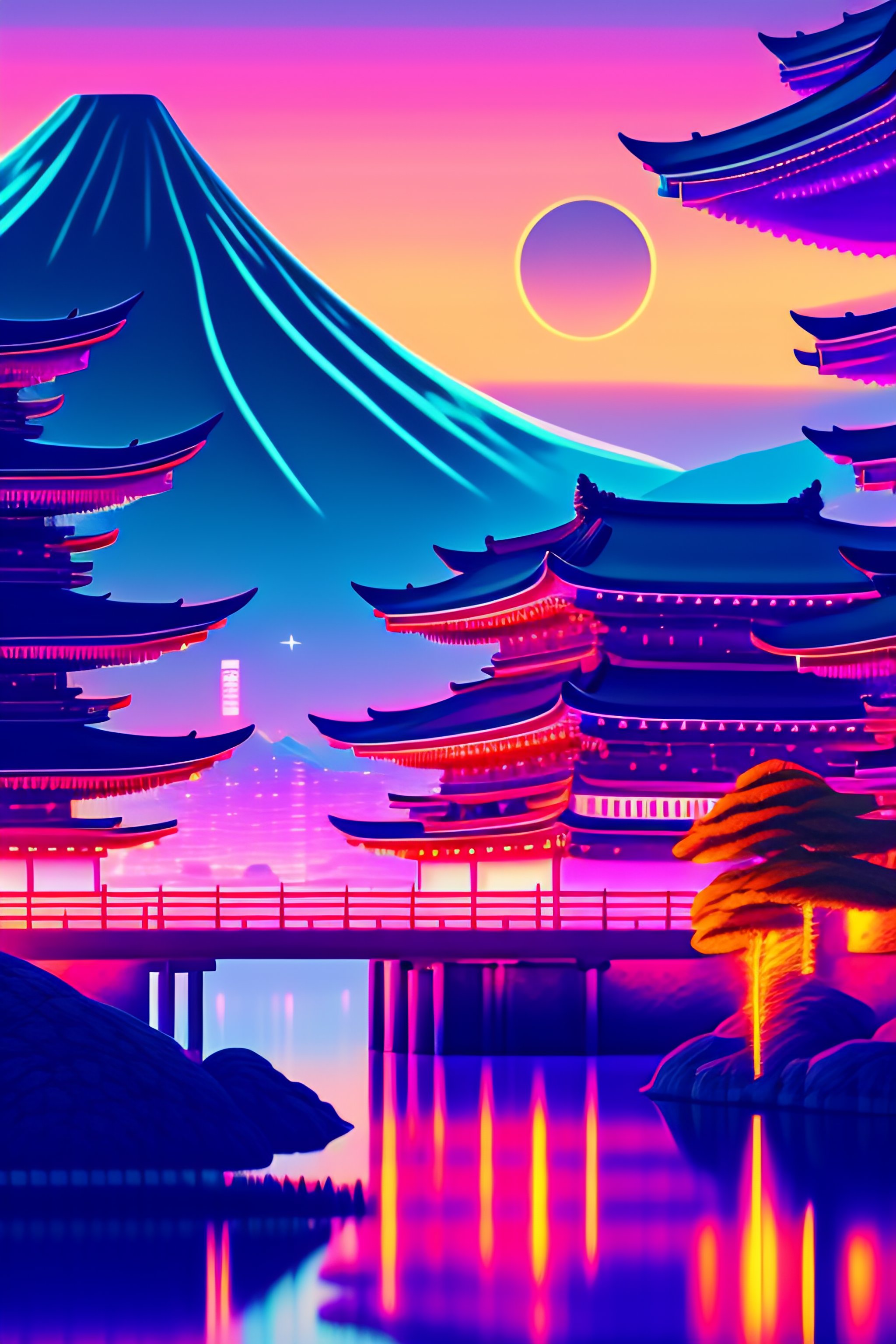 Lexica - Synthwave japanese town with moon background, sharp focus, 8 k ...