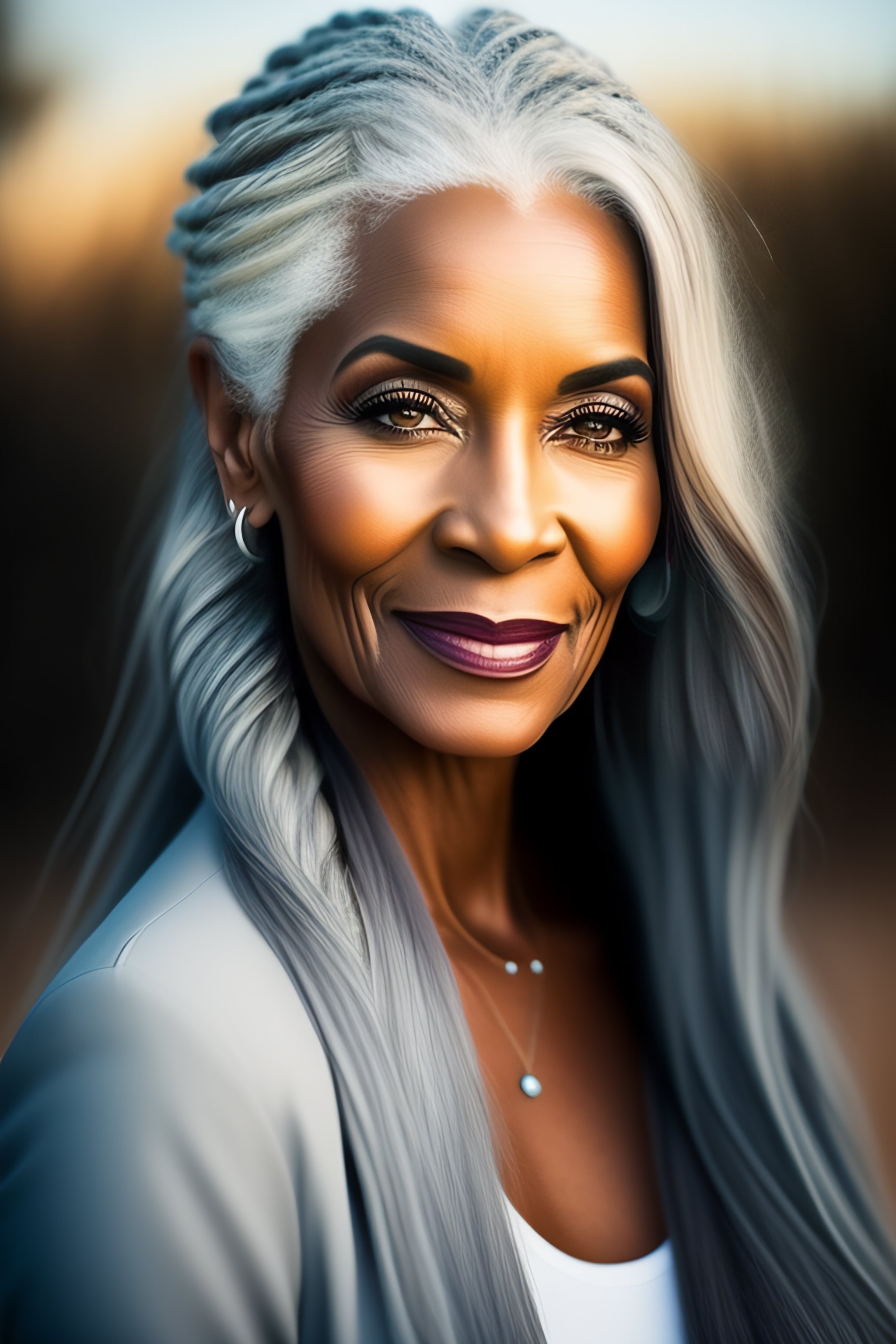 Lexica - Femal, gray hair, thin, gray skin, long braids