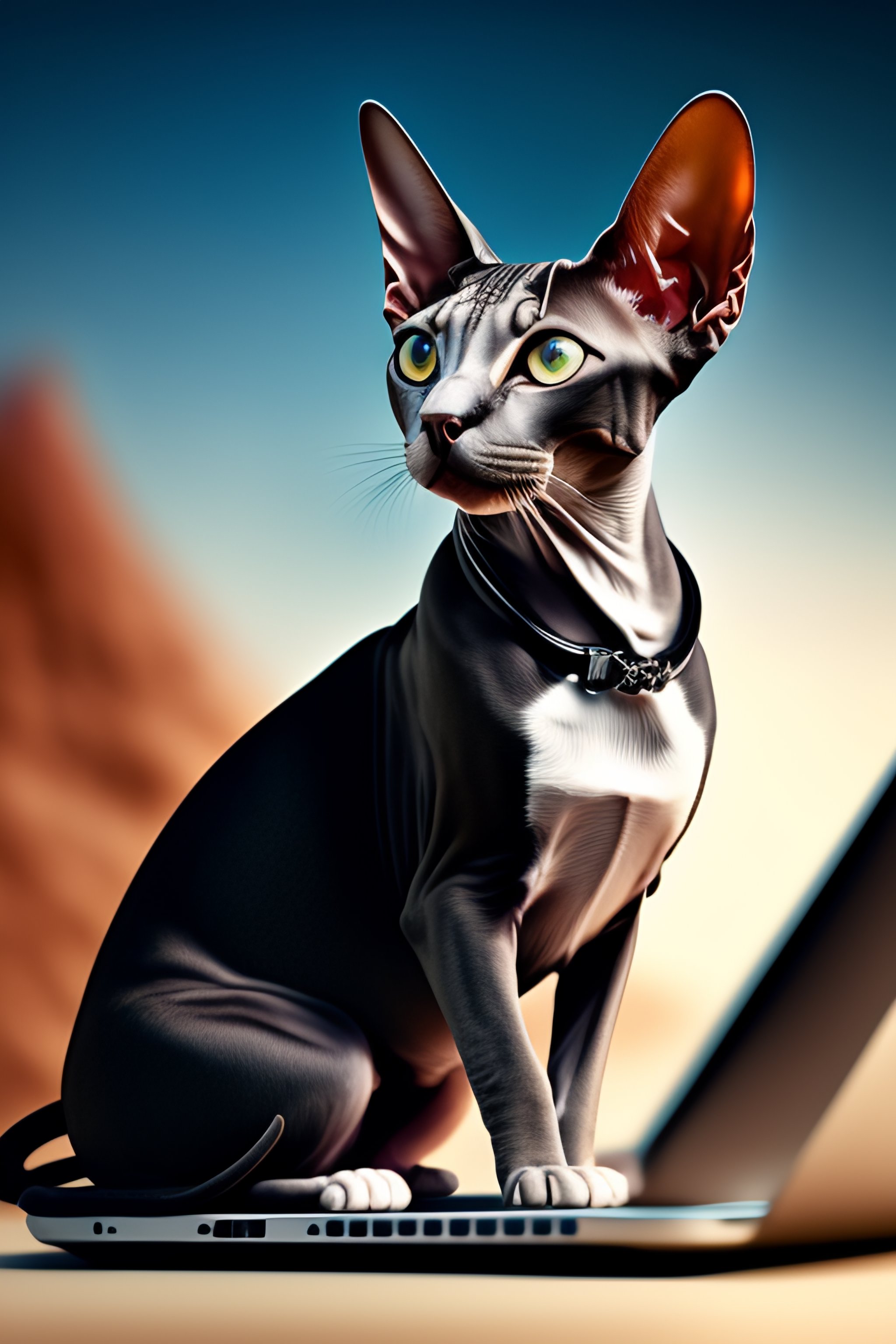 Lexica - Sphinx cat in front of laptop