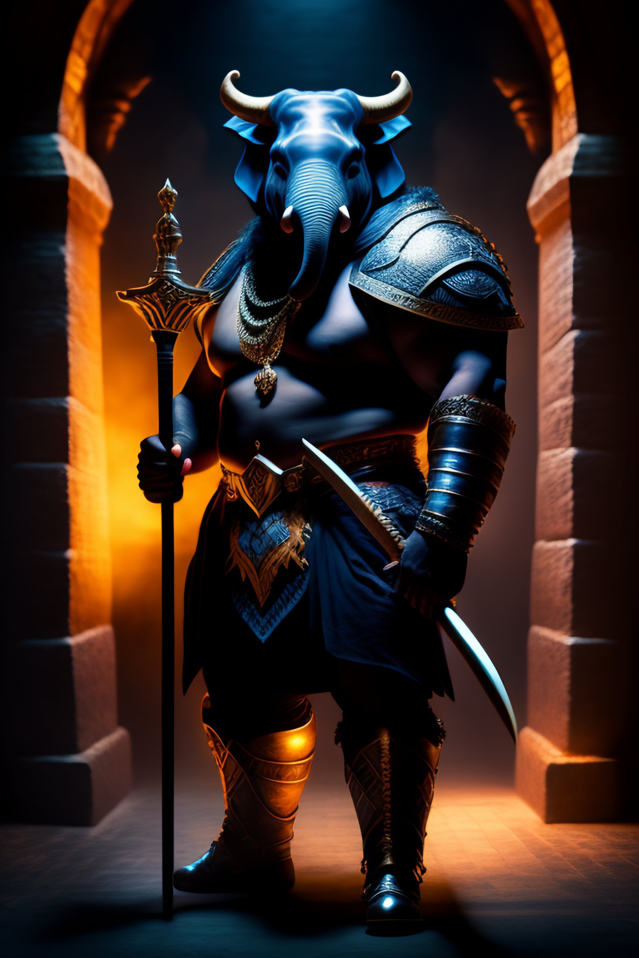 Lexica - Human elephant hybrid, looking motivated, holding a Warhammer ...