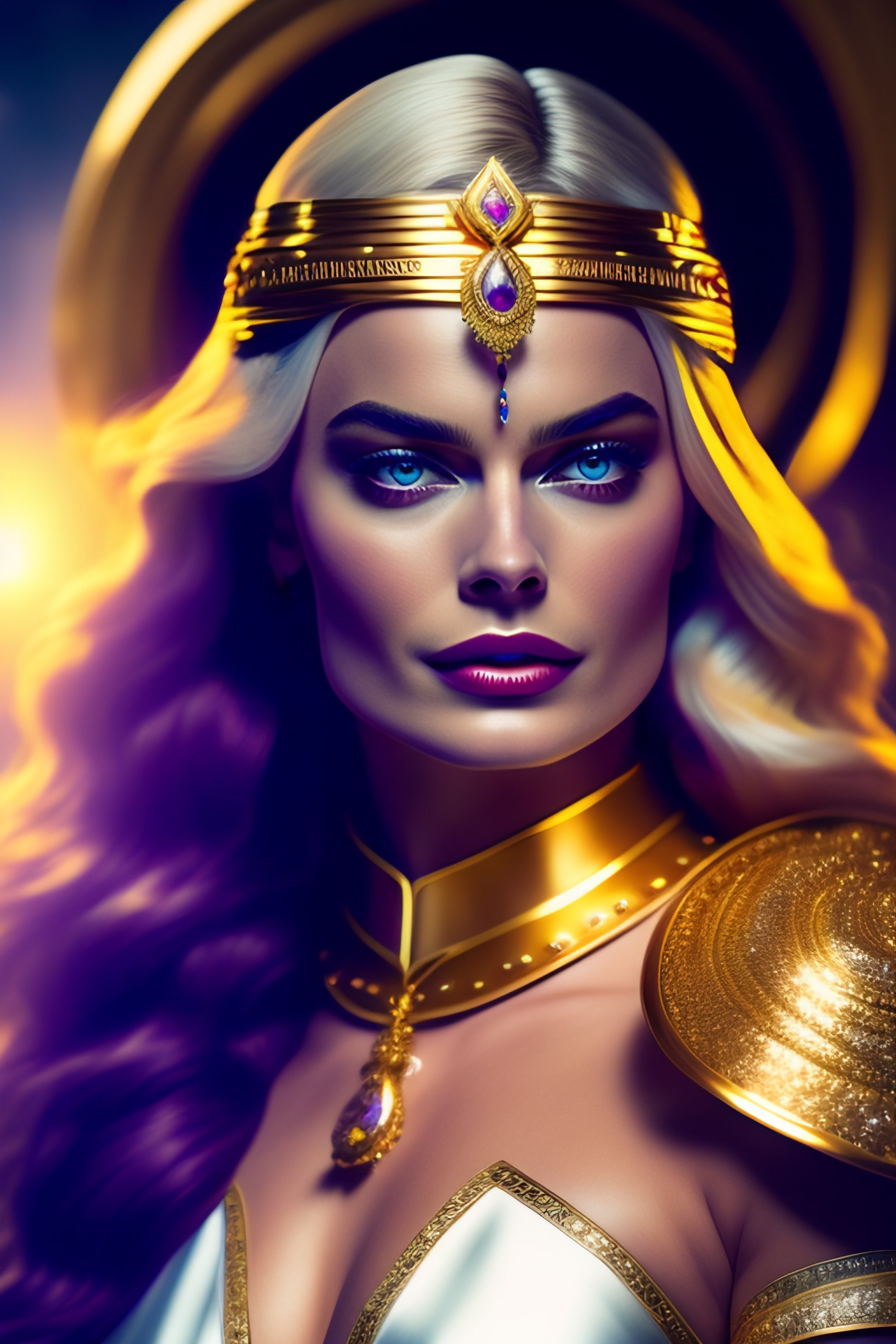 Lexica - Margot robbie is athena, purple long hair, white greek classic ...
