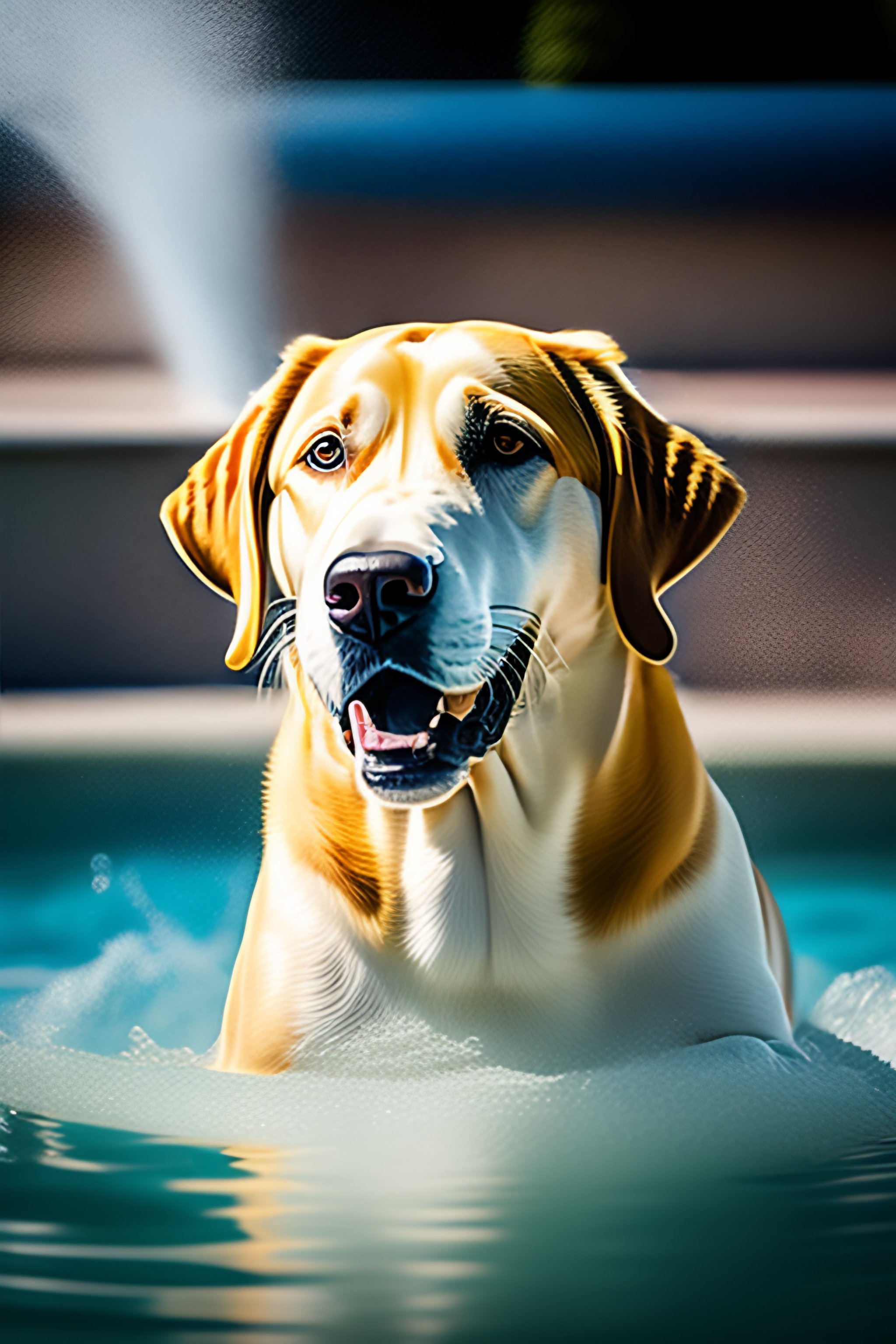 Lexica - A female Yellow lab jumping into a swimming pool with an ...