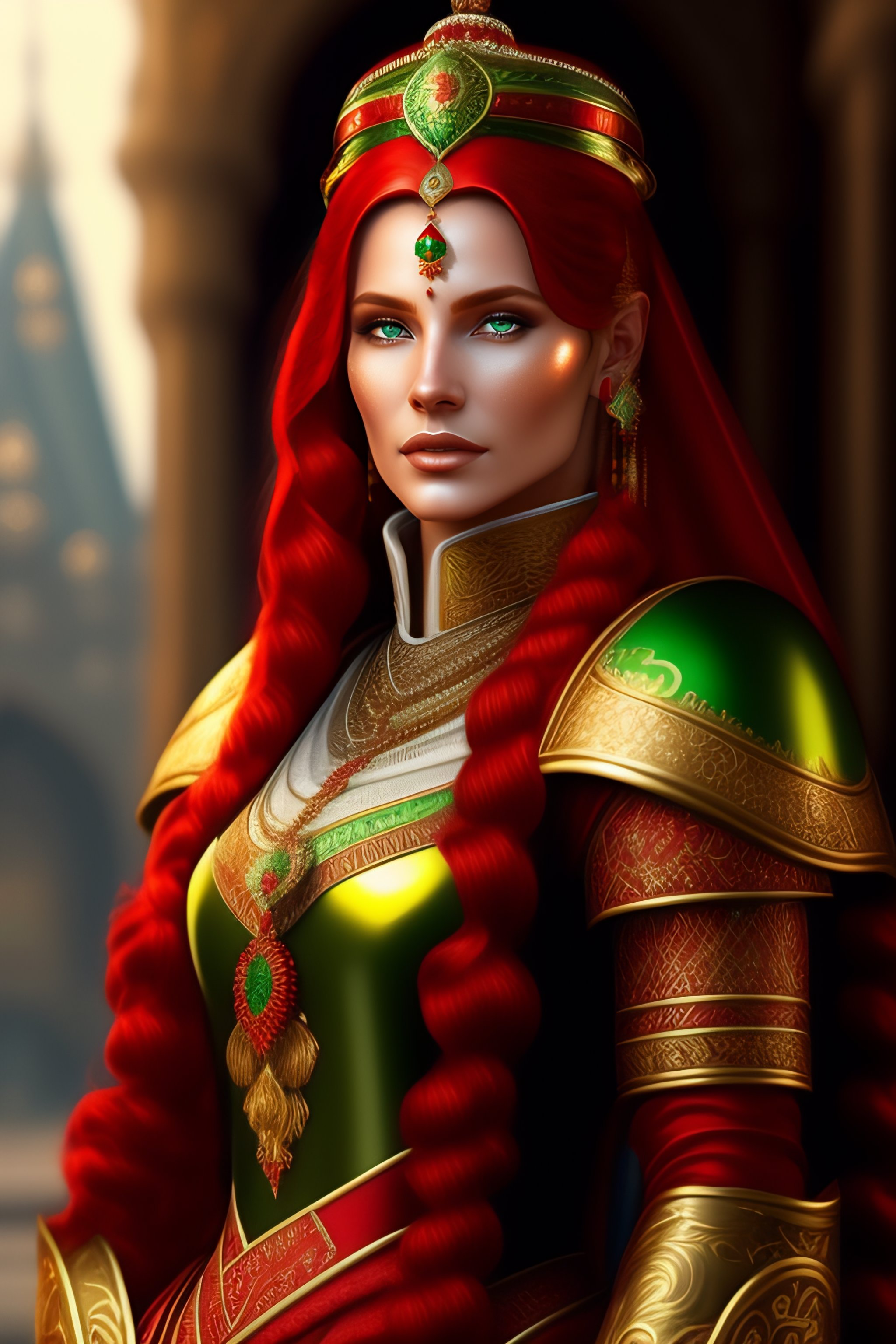 Lexica - Red hair Woman in engraved ivory and emerald armor, regalia ...