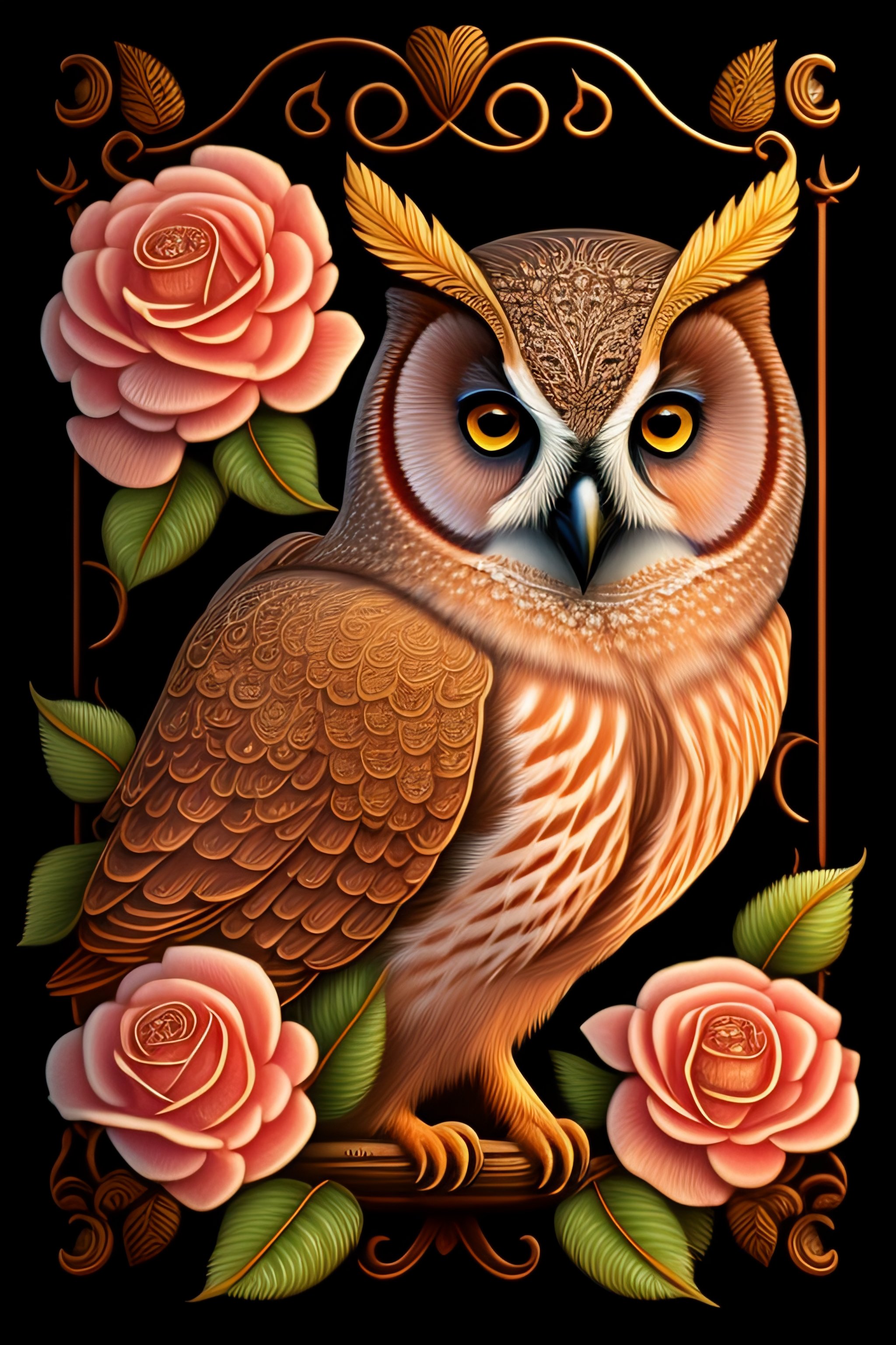 Lexica - Abyssinian owl with classical floral elements emanating from ...