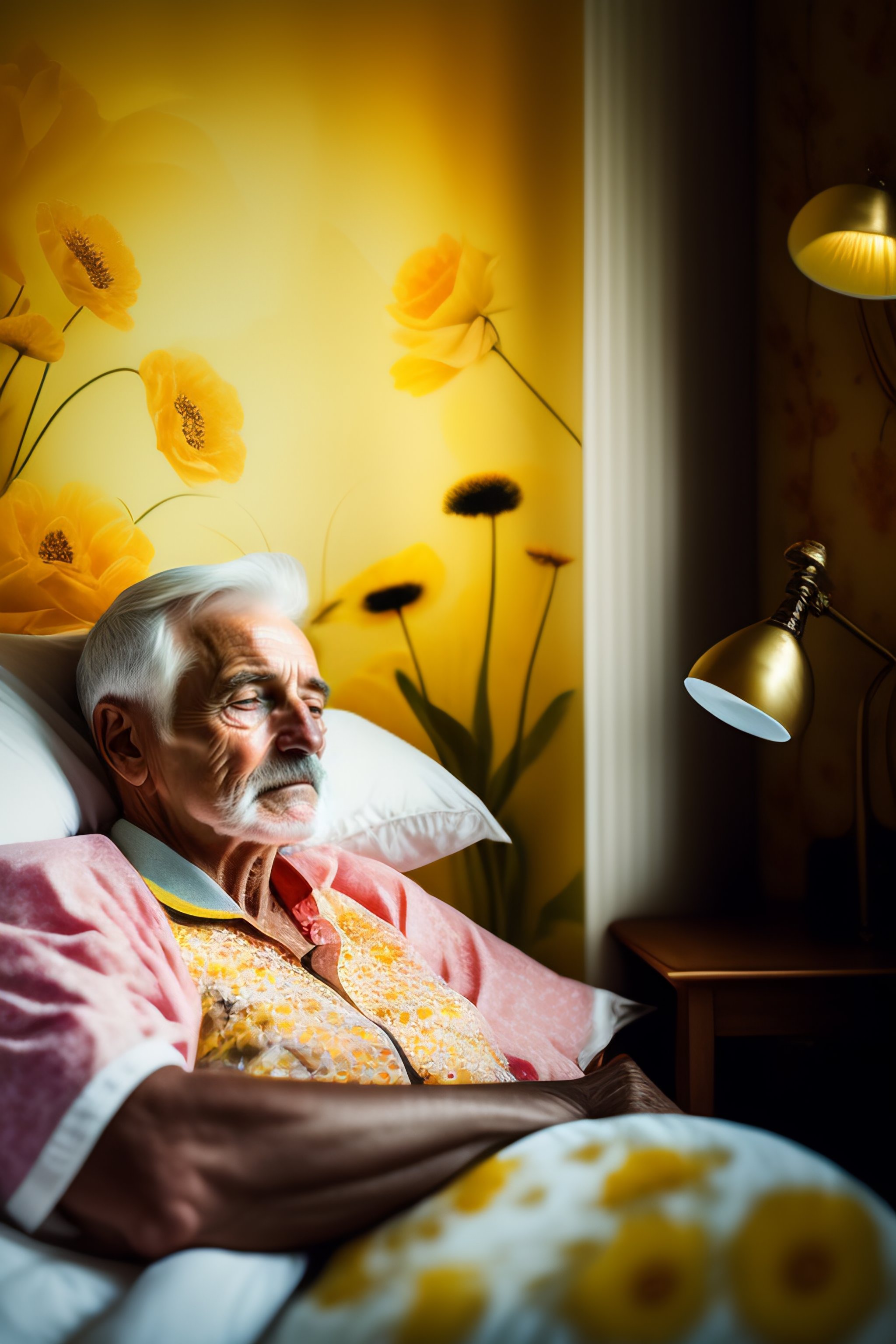 Lexica - A dying old man in bed with an IV drip with an elderly nurse ...