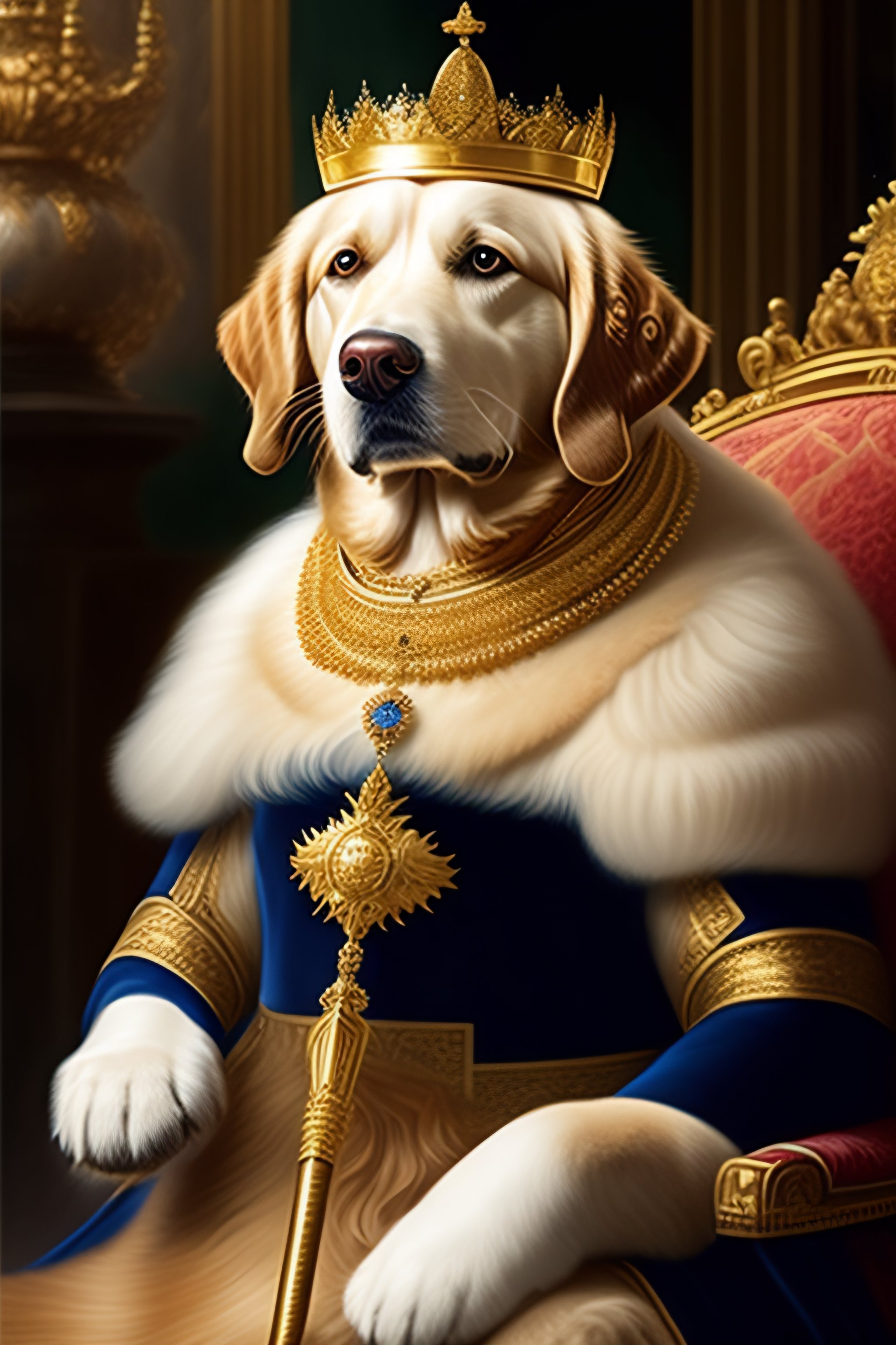 Lexica - A royal golden retriver sitting on a throne holding a royal ...