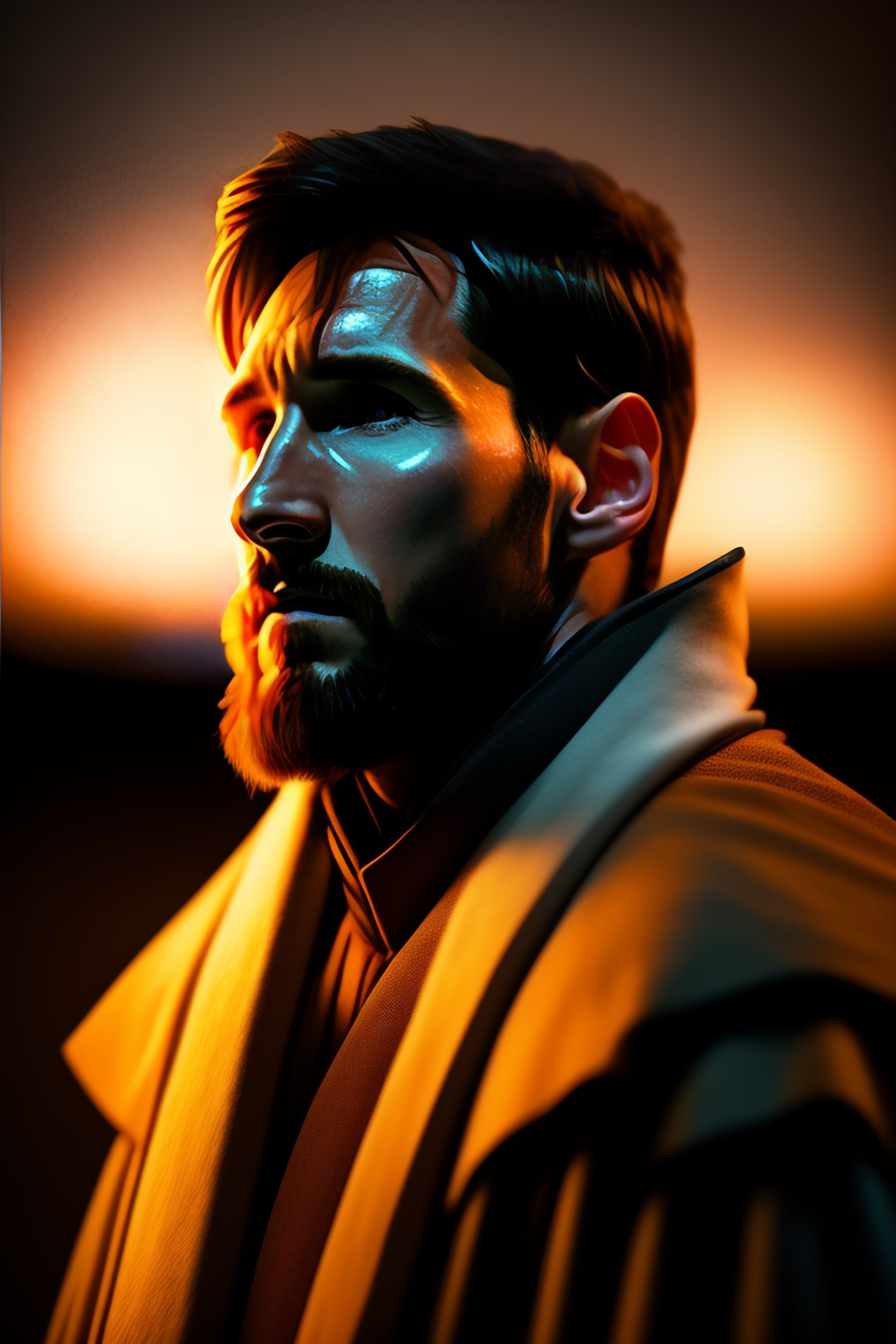 Lexica - Lionel Messi as Obi Wan Kenob, Dark Lighting, Cinematic