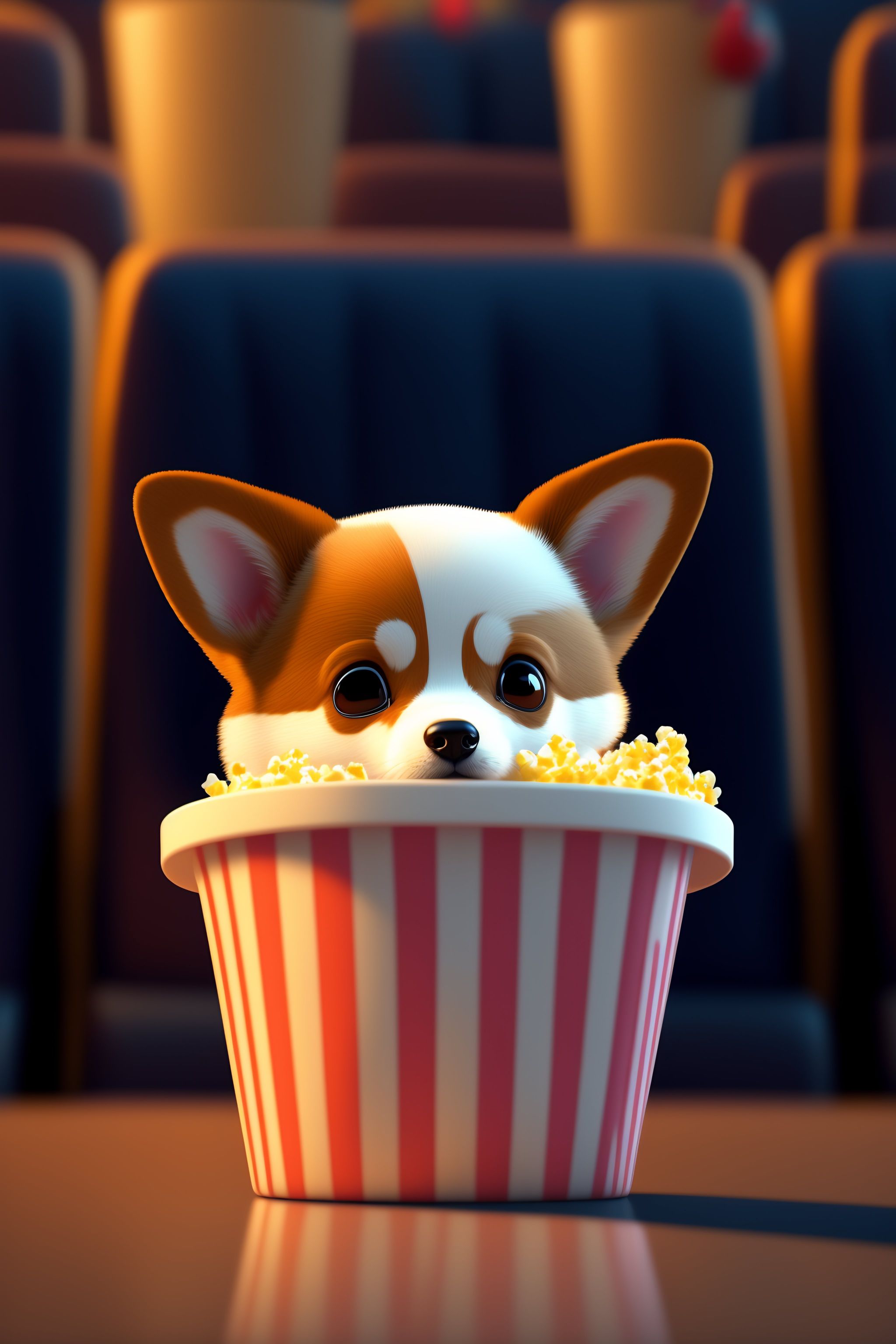 Lexica - Cute small humanoid corgi sitting in a movie theater eating ...