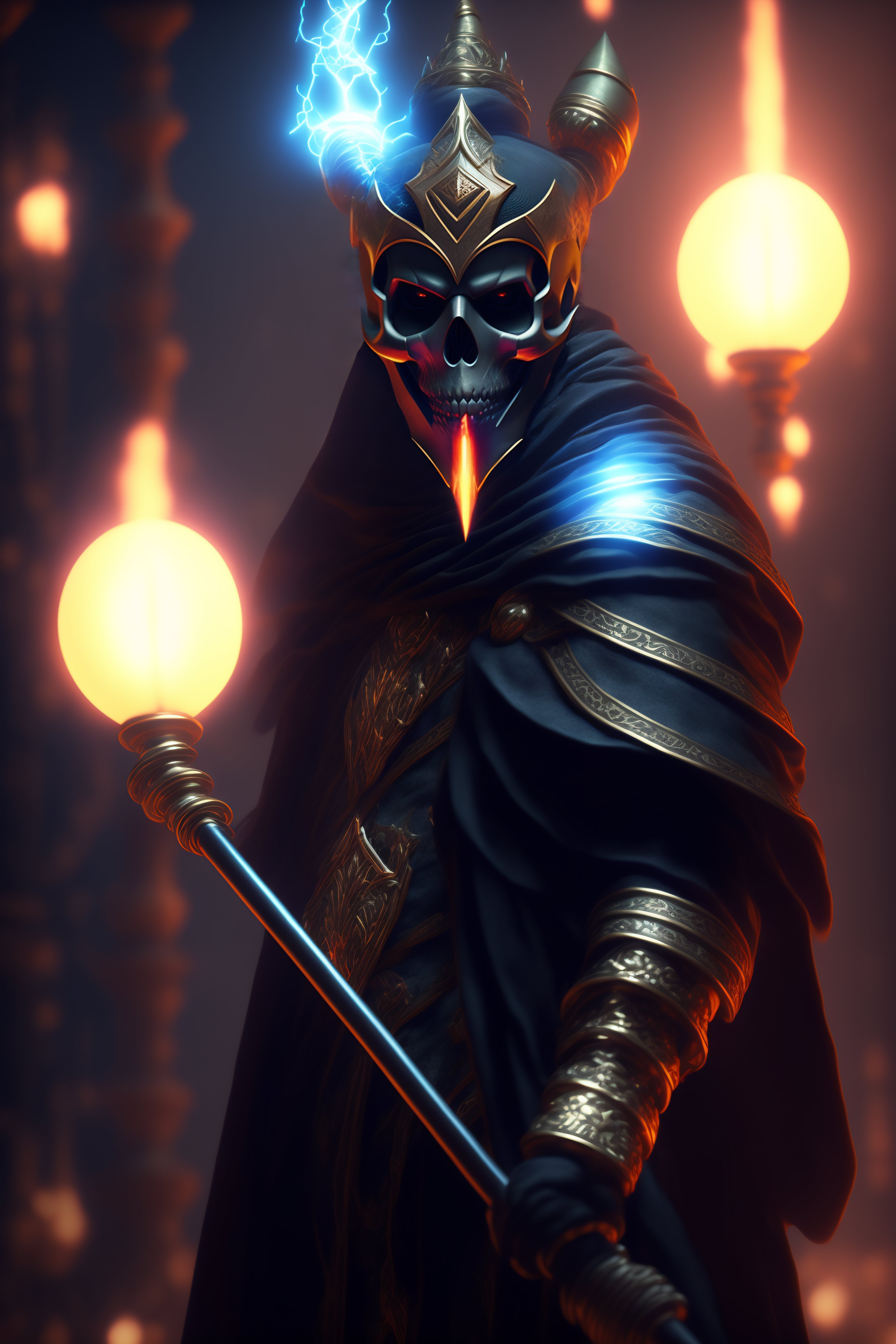 Lexica - Wizard with a skull mask holding a staff with electricity ...