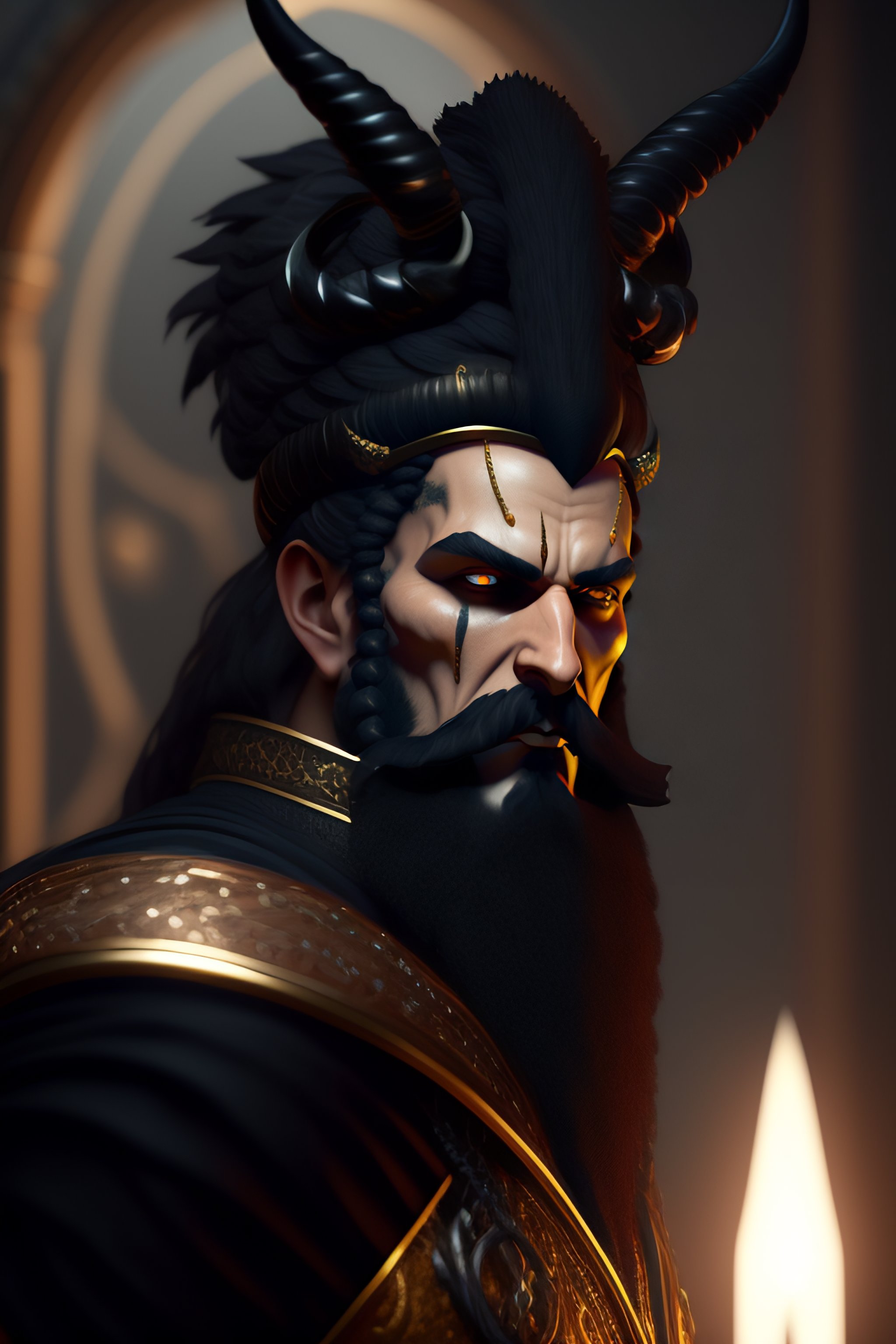 Lexica - Vengeful god, full black eyes, spiral horns, thick black beard ...