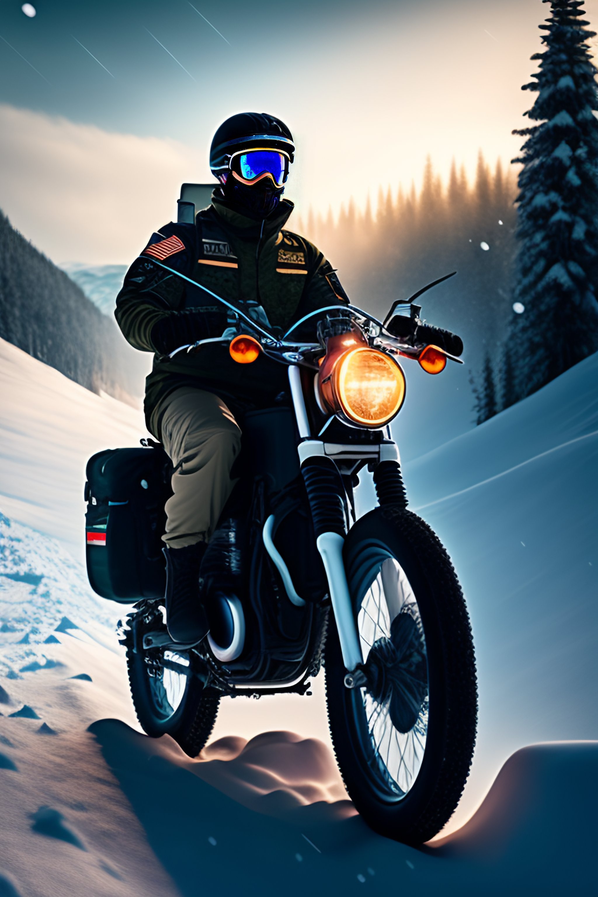 Lexica - Army Official riding cyberpunk cycle , snow
