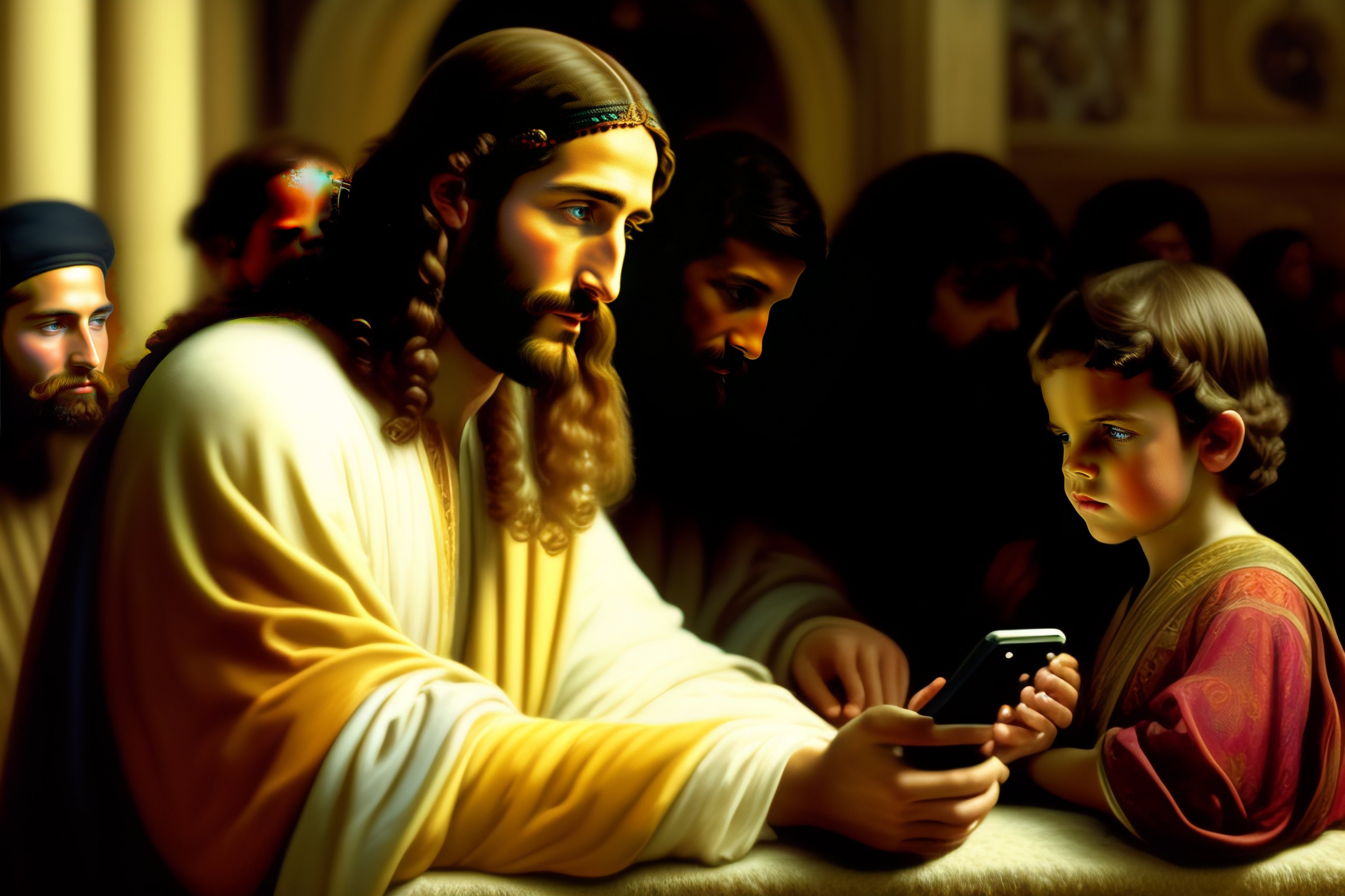 Lexica - Old color photo, year 1, jesus christ is speaking on smartphone