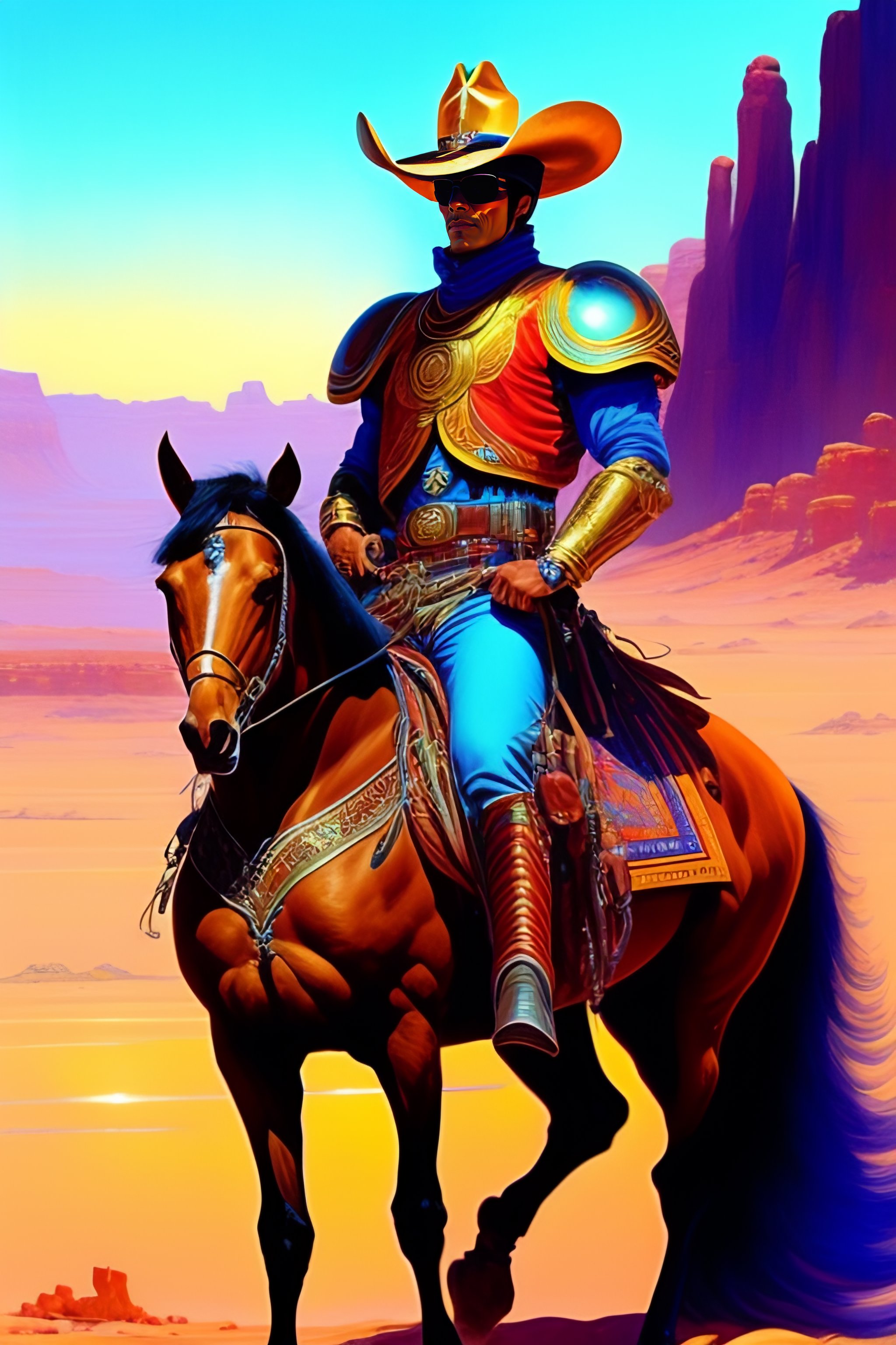 Lexica - Scifi cyborg mexican cowboy sitting on giant cyborg arabian ...